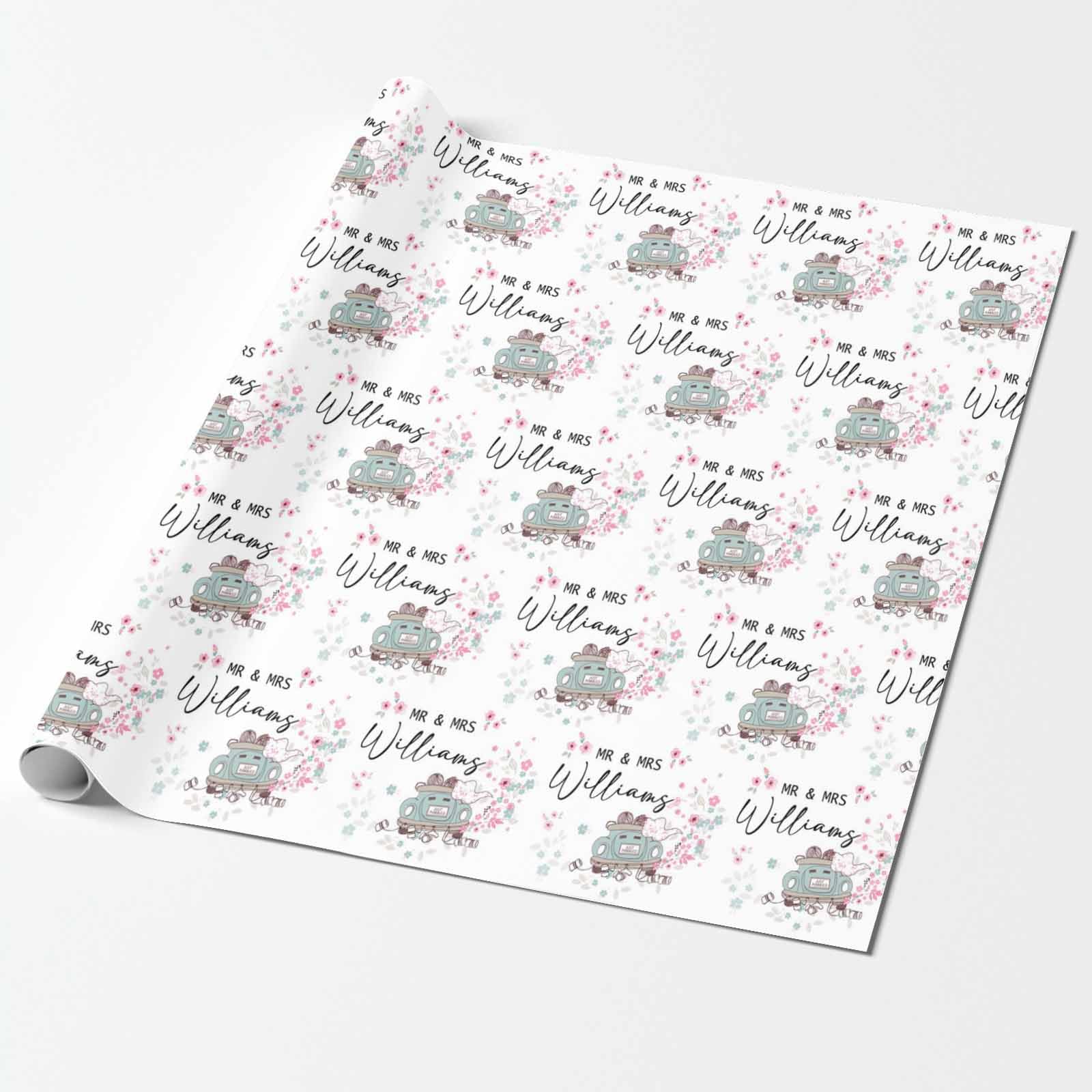 M YESCUSTOM Personalized Wrapping Paper Roll Custom Mr and Mrs Wedding Gift Wrap for Couple Husband Wife Car Flower Wrapping Tissue Paper for Wedding, Bridal Showers DIY Decoration 58" x 23"