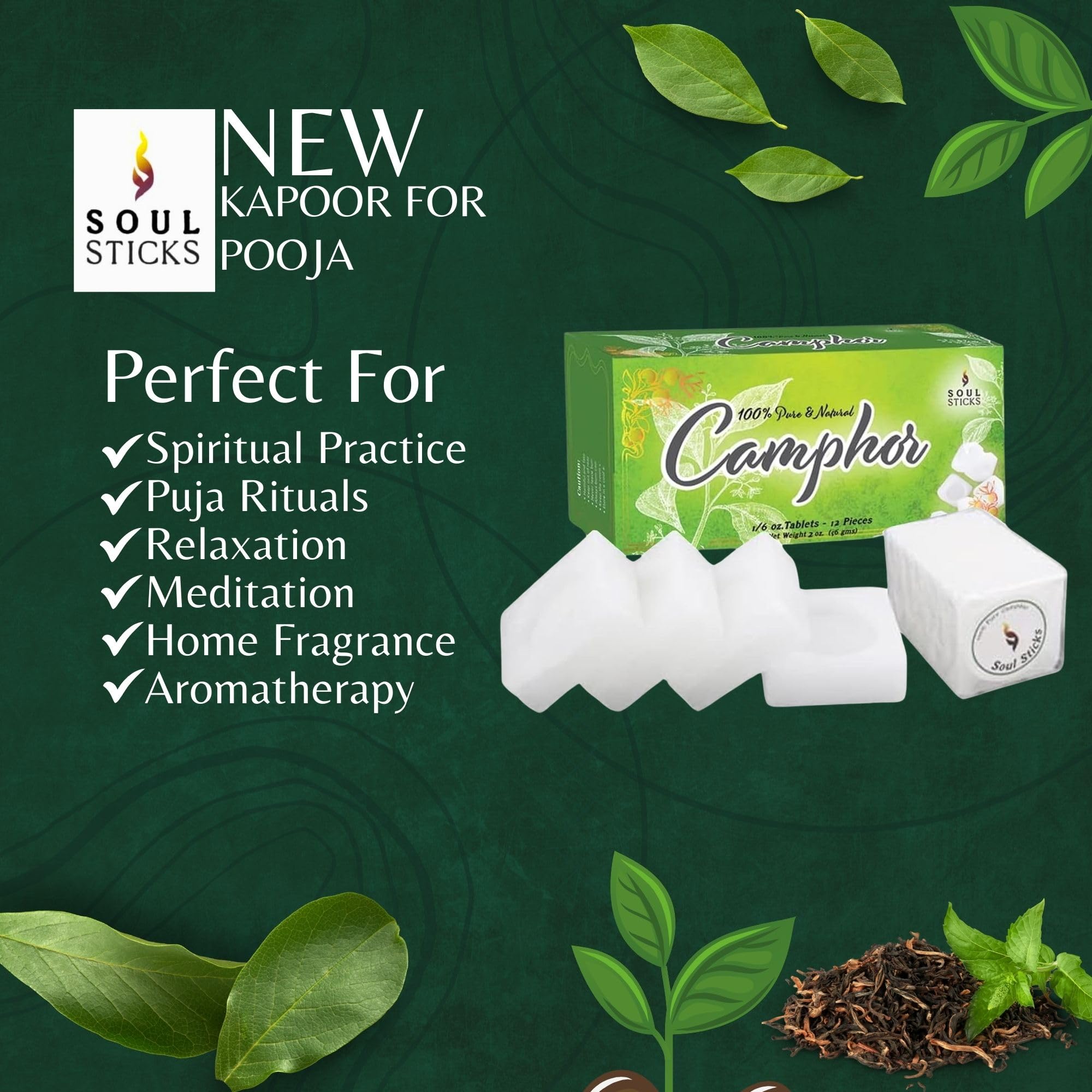 SOUL STICKS Natural Camphor Blocks (56 Grams, 12 Tablets) Pure Camphor Tablets for Aromatherapy & Puja - Alcanfor en Bloques, Alcanfor Tablets, Alcanfor en Bolitas, Kapoor for Pooja