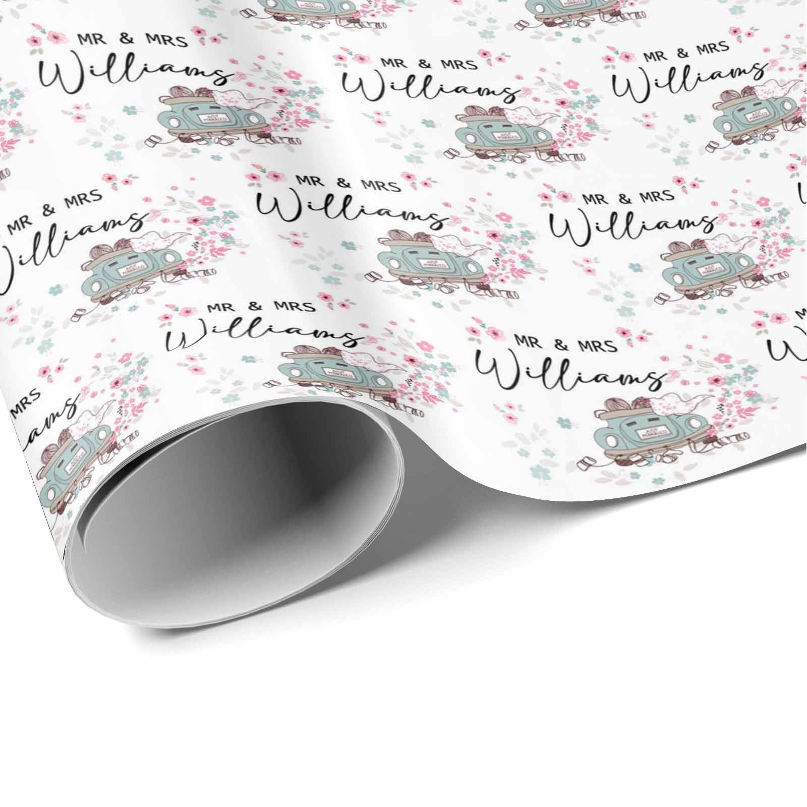 M YESCUSTOM Personalized Wrapping Paper Roll Custom Mr and Mrs Wedding Gift Wrap for Couple Husband Wife Car Flower Wrapping Tissue Paper for Wedding, Bridal Showers DIY Decoration 58" x 23"