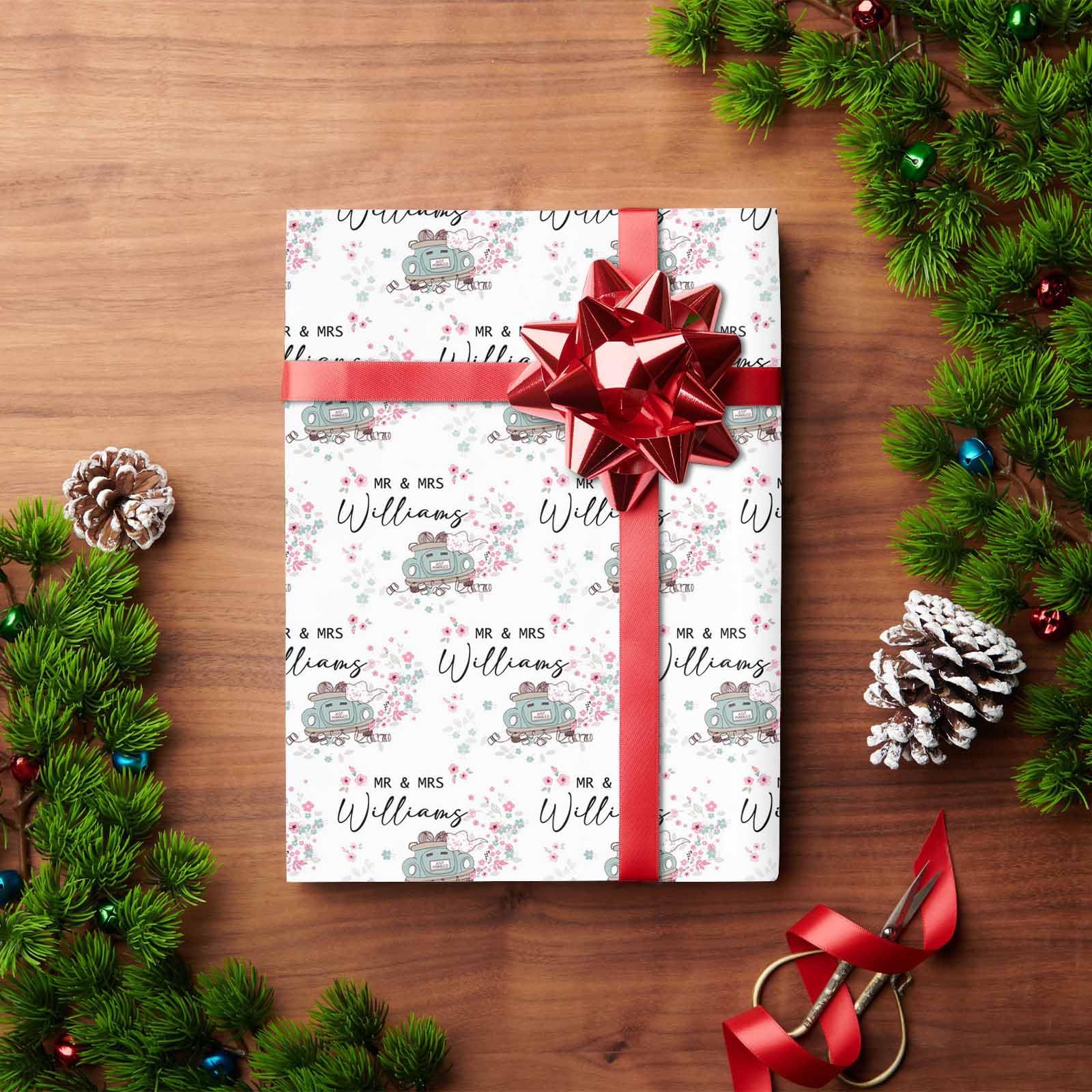 M YESCUSTOM Personalized Wrapping Paper Roll Custom Mr and Mrs Wedding Gift Wrap for Couple Husband Wife Car Flower Wrapping Tissue Paper for Wedding, Bridal Showers DIY Decoration 58" x 23"