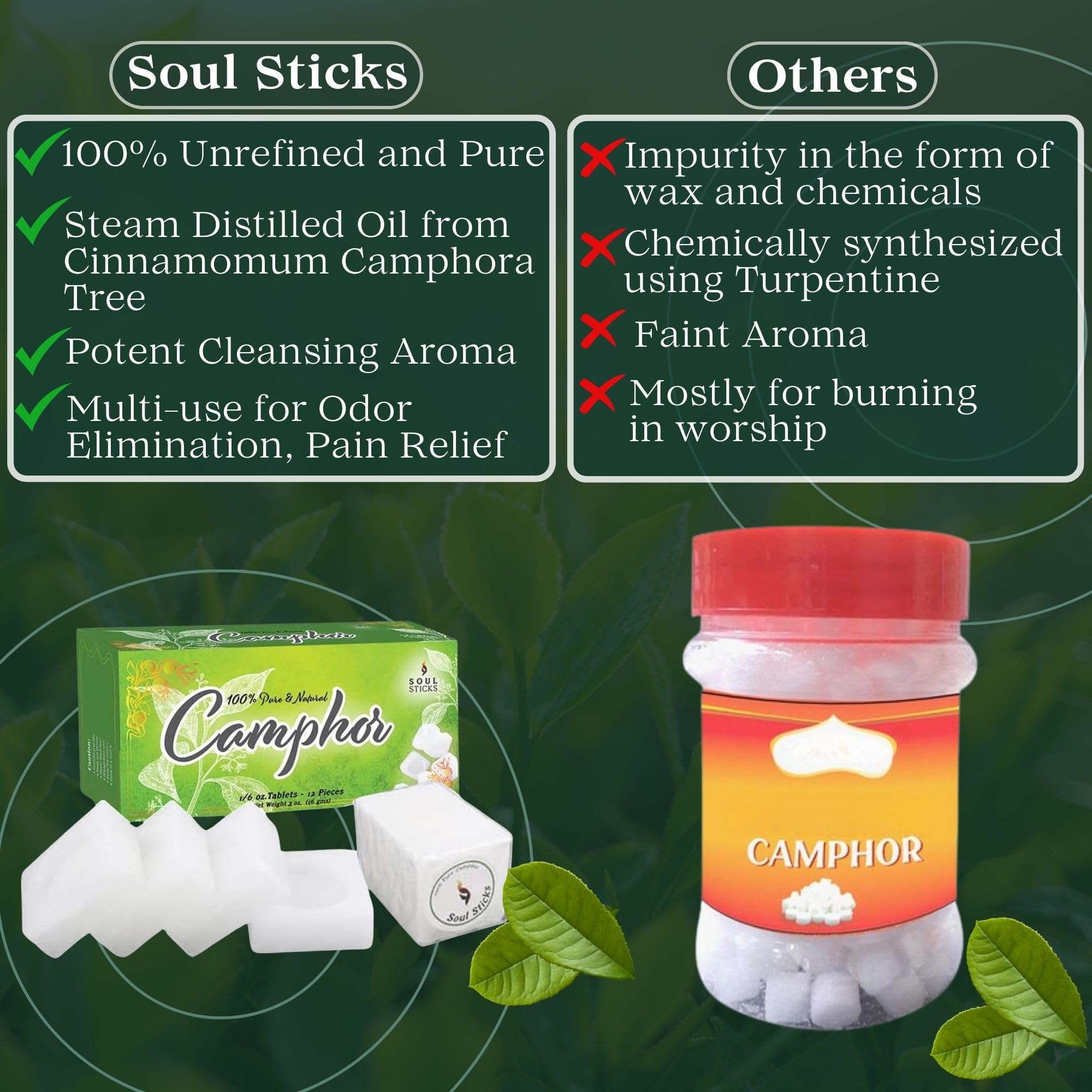 SOUL STICKS Natural Camphor Blocks (56 Grams, 12 Tablets) Pure Camphor Tablets for Aromatherapy & Puja - Alcanfor en Bloques, Alcanfor Tablets, Alcanfor en Bolitas, Kapoor for Pooja