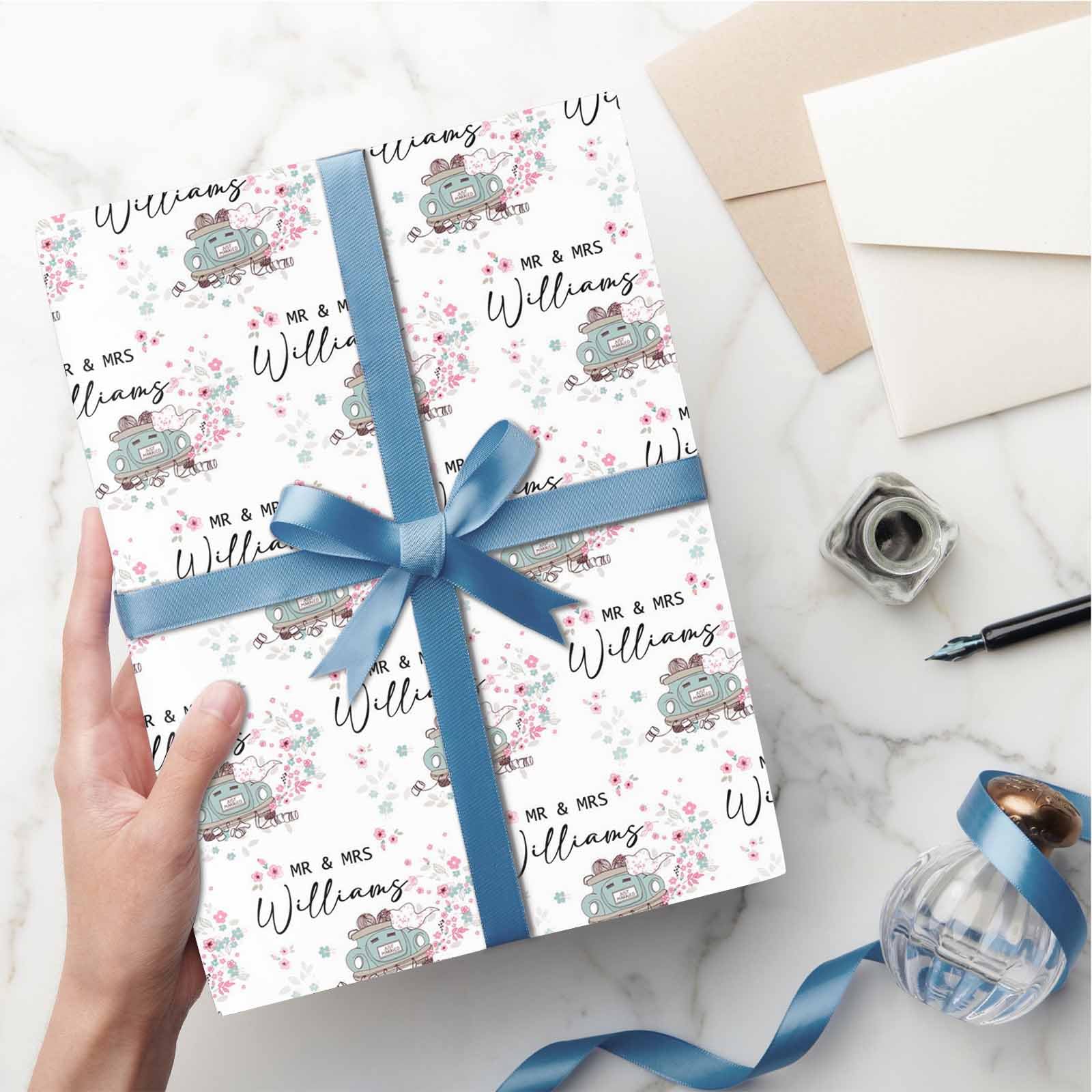 M YESCUSTOM Personalized Wrapping Paper Roll Custom Mr and Mrs Wedding Gift Wrap for Couple Husband Wife Car Flower Wrapping Tissue Paper for Wedding, Bridal Showers DIY Decoration 58" x 23"