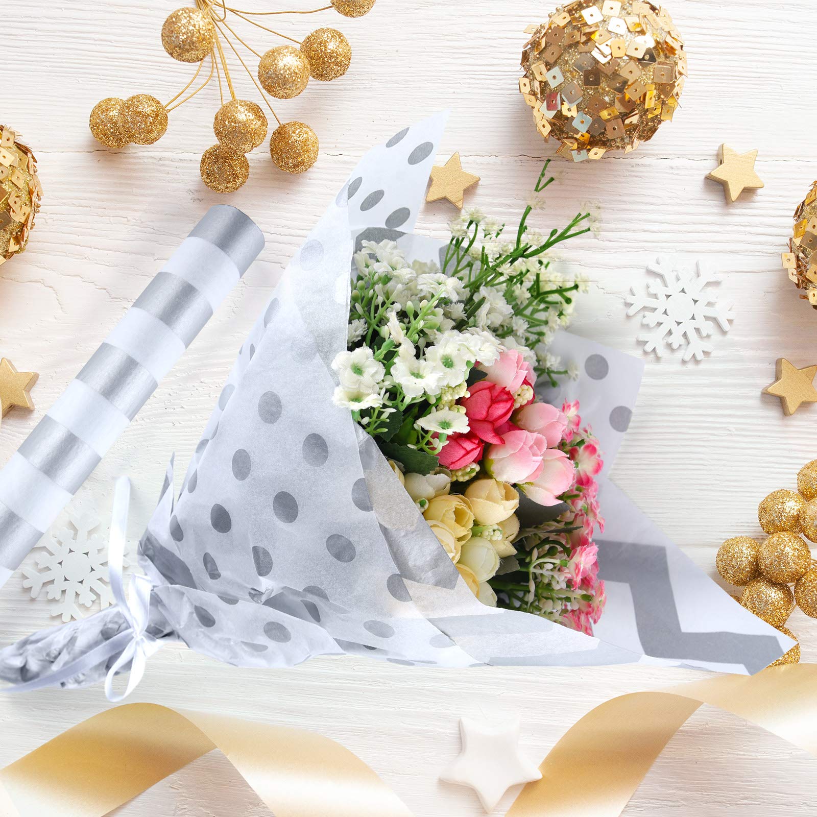 MIAHART 60 Pcs Silver White Tissue Paper Bulk 3 Style Decorative Metallic Wrapping Paper for Birthday Weddings Christmas Party Decoration, DIY Arts Crafts