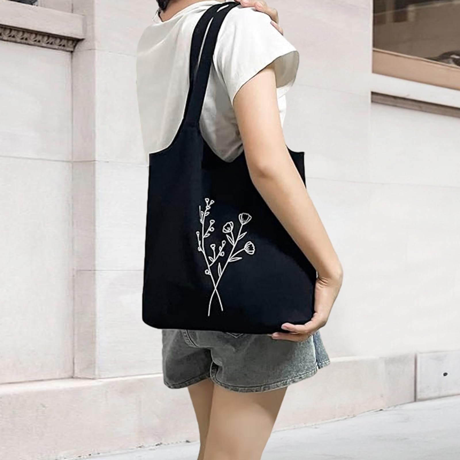 KIEKIECOO Canvas Tote Bag Black Aesthetic Personalized Custom Reusable Grocery Bags Floral Line Art Shopping Shoulder Bag