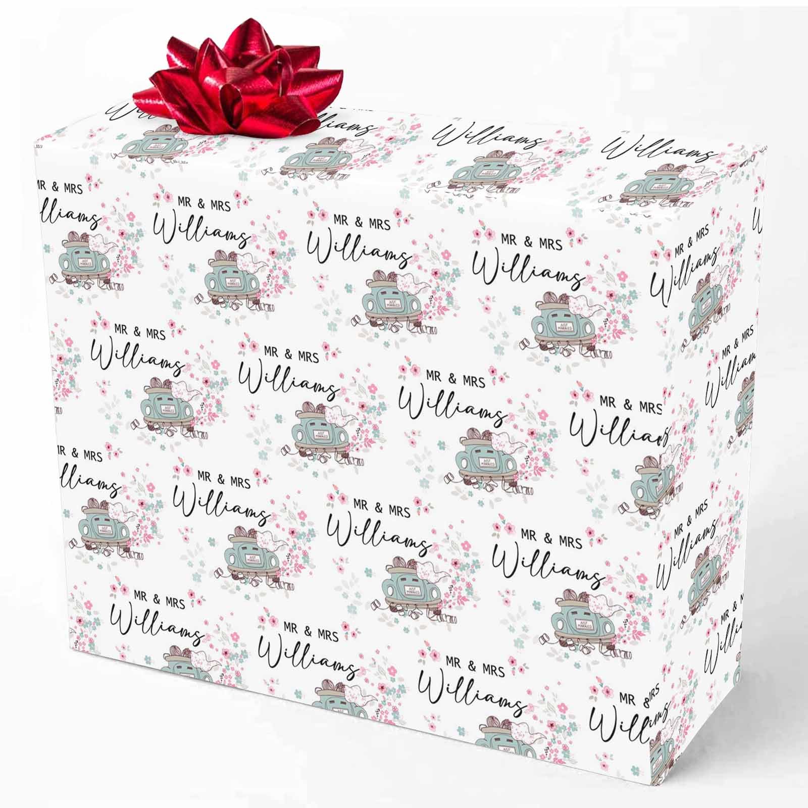 M YESCUSTOM Personalized Wrapping Paper Roll Custom Mr and Mrs Wedding Gift Wrap for Couple Husband Wife Car Flower Wrapping Tissue Paper for Wedding, Bridal Showers DIY Decoration 58" x 23"