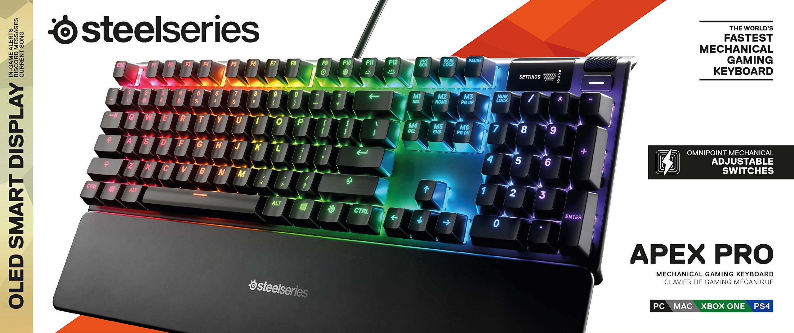 SteelSeries Apex Pro Mechanical Gaming Keyboard, Adjustable Actuation Switches, OLED Display, Red Switches, French AZERTY Layout