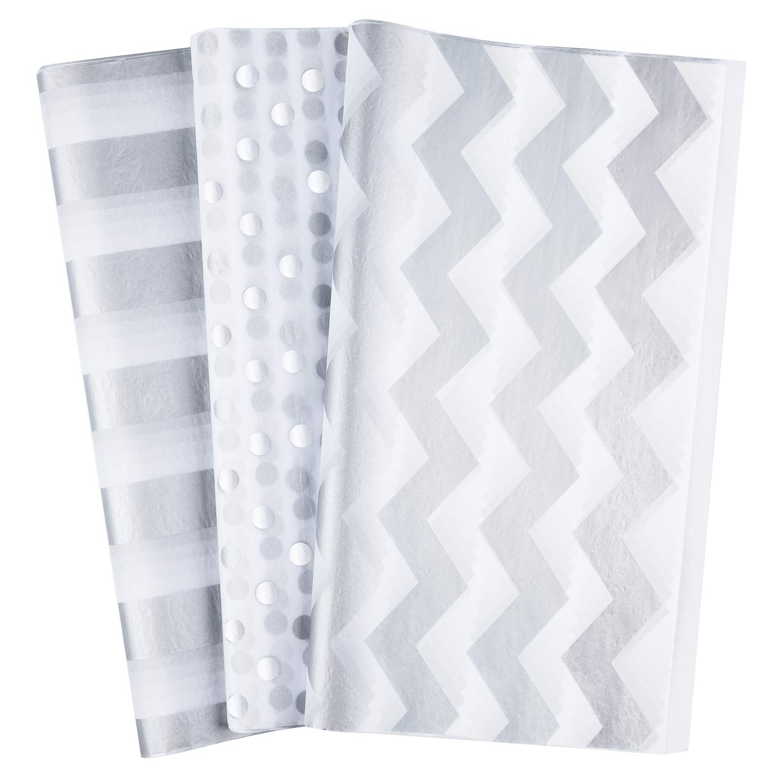 MIAHART 60 Pcs Silver White Tissue Paper Bulk 3 Style Decorative Metallic Wrapping Paper for Birthday Weddings Christmas Party Decoration, DIY Arts Crafts