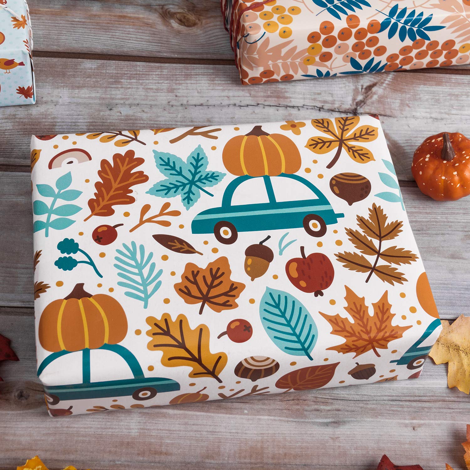 WRAPAHOLIC Wrapping Paper Sheet - Maple Leaf and Pumpkin Autumn Design for Fall Celebrating, Birthday, Holiday, Wedding, Baby Shower - 1 Roll Contains 6 Sheets - 17.5 inch X 30 inch Per Sheet