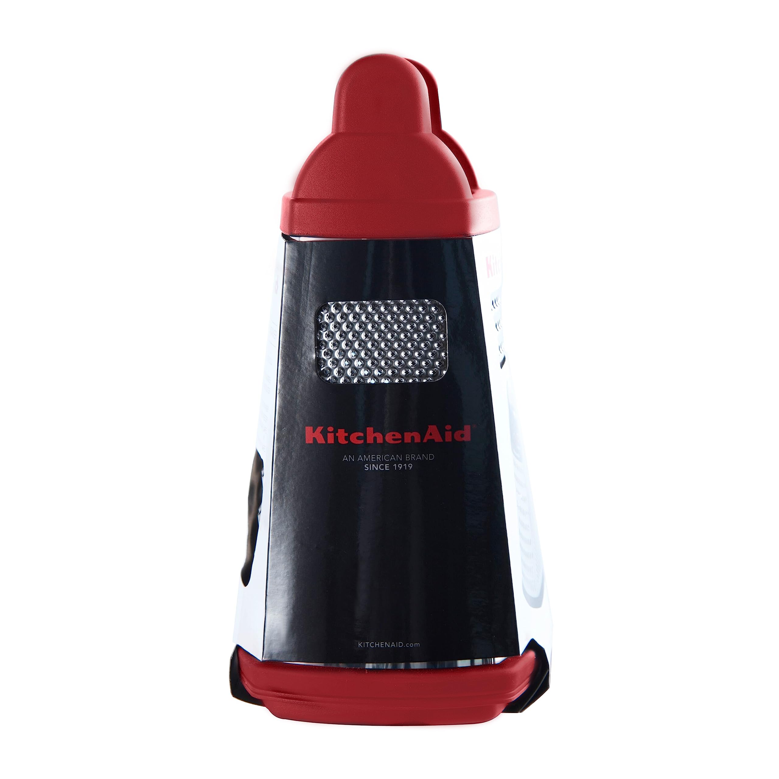 KitchenAid Gourmet 4-Sided Stainless Steel Box Grater for Fine, Medium and Coarse Grate, and Slicing, Detachable 3 Cup Storage Container and Measurment Markings, Dishwasher Safe, 10 inch, Red