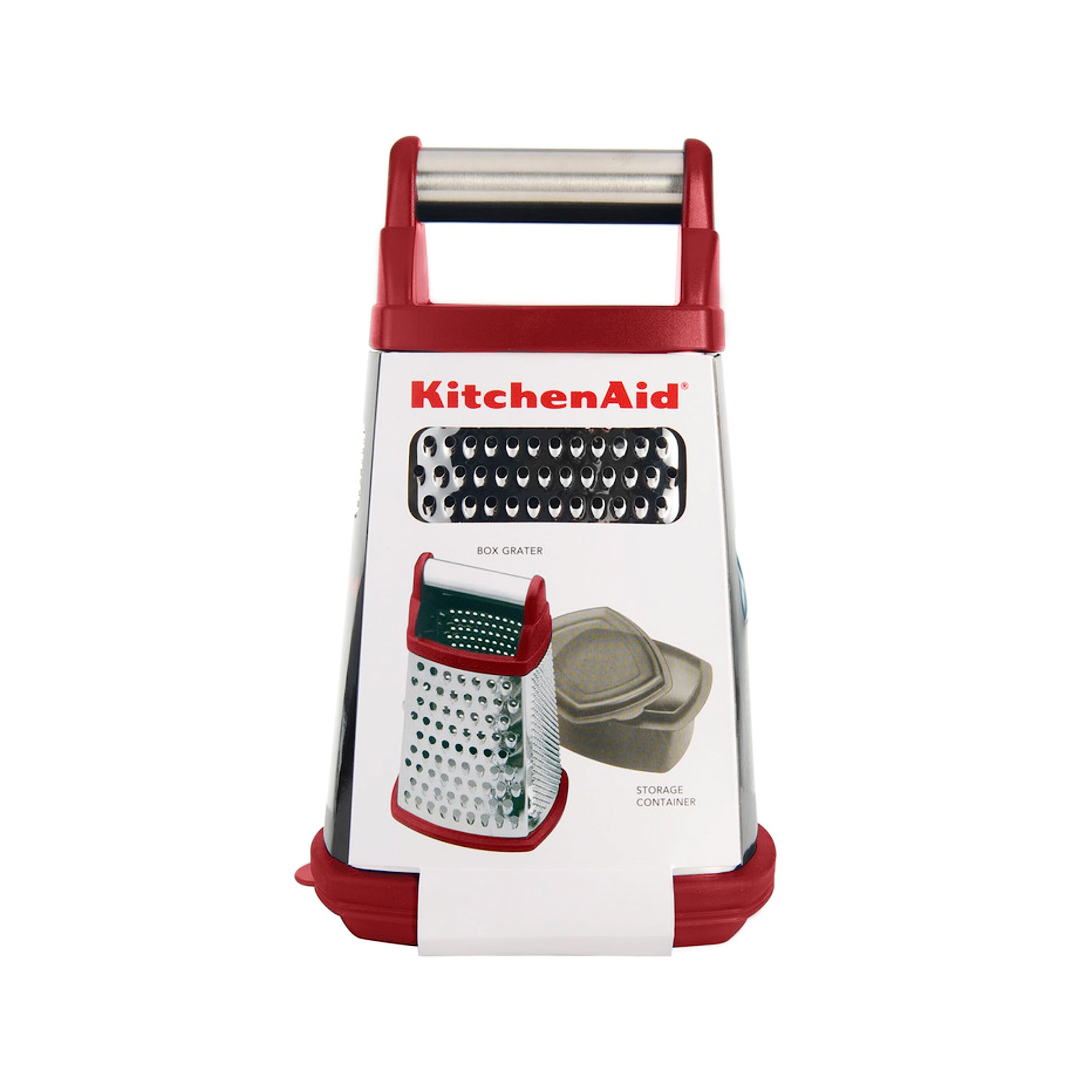 KitchenAid Gourmet 4-Sided Stainless Steel Box Grater for Fine, Medium and Coarse Grate, and Slicing, Detachable 3 Cup Storage Container and Measurment Markings, Dishwasher Safe, 10 inch, Red