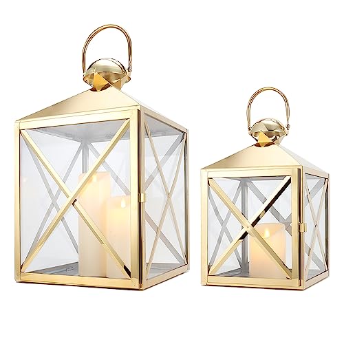 TRIROCKS Set of 2 Stainless Steel Candle Lanterns-19x12''&13x8'' High, Elegant Outdoor Metal Candle Holders with Tempered Glass for Home Decor, Living Rooms, Parties, and Indoor/Outdoor Events (Gold)
