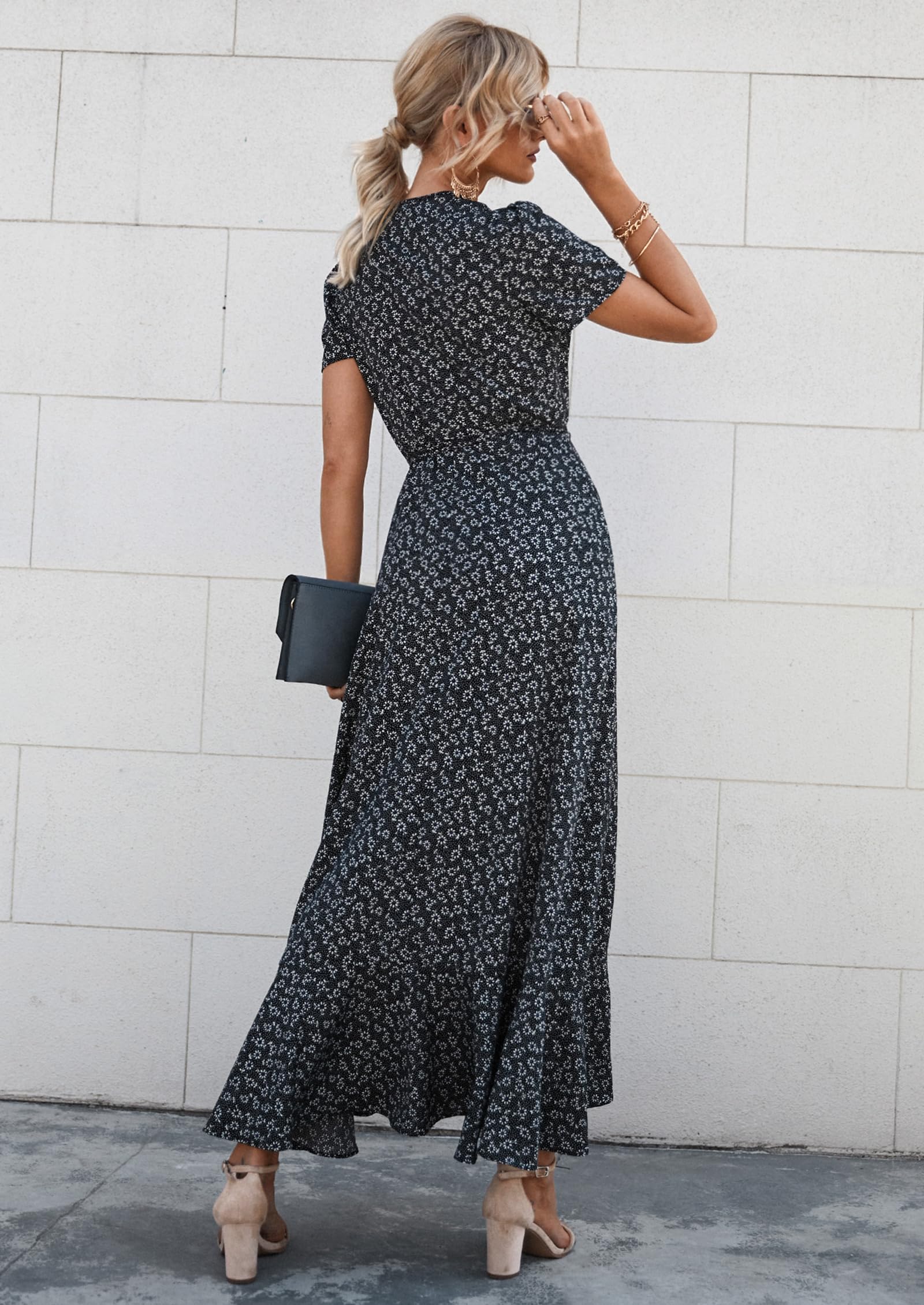 PRETTYGARDEN Women's Summer Wrap Maxi Dress Casual Boho Floral V Neck Short Sleeve Ruffle Hem Split Beach Long Dresses (Black,XX-Large)