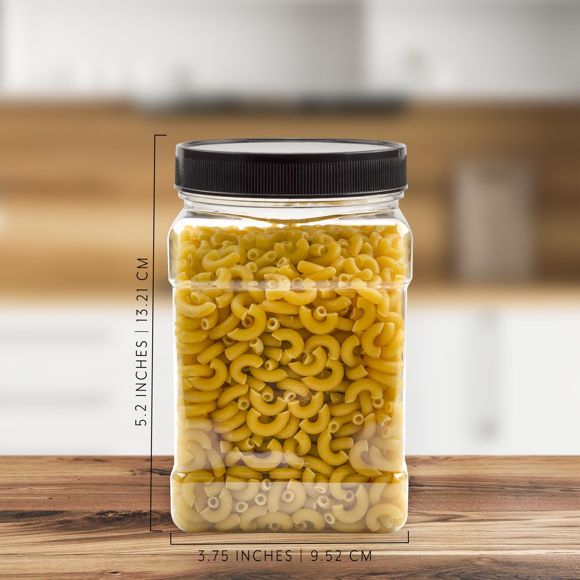 32oz Square Plastic Jars (4-Pack, Quart); Clear Rectangular 4-Cup Canisters w/Black Lids, Easy-Grip Side