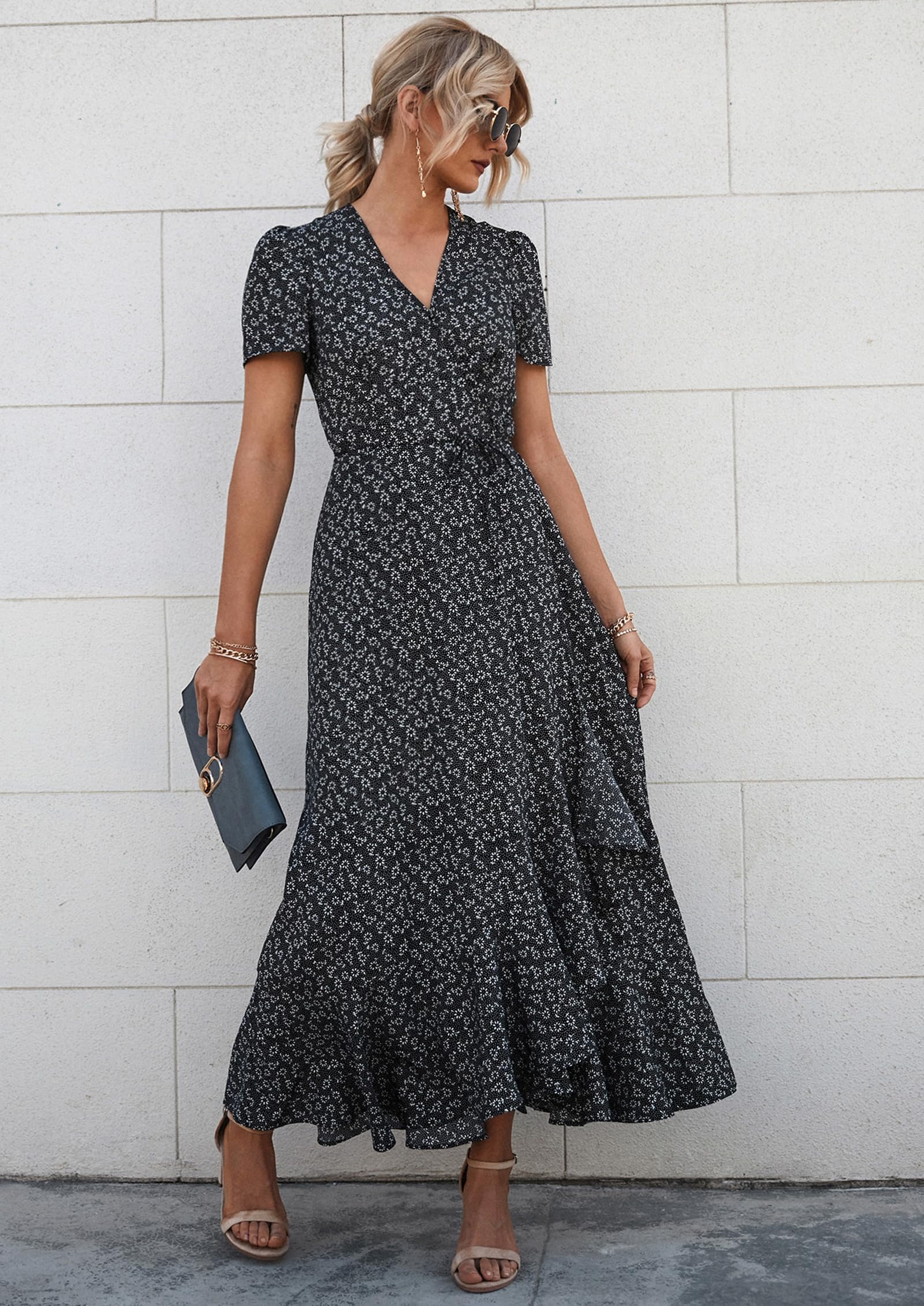 PRETTYGARDEN Women's Summer Wrap Maxi Dress Casual Boho Floral V Neck Short Sleeve Ruffle Hem Split Beach Long Dresses (Black,XX-Large)