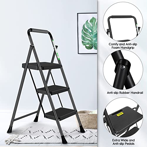 3 Step Ladder Folding Step Stool with Wide Anti-Slip Pedals and Comfort Handgrip for Kitchen Household and Office, Lightweight Capacity 500lbs Sturdy Step Ladder(Black)