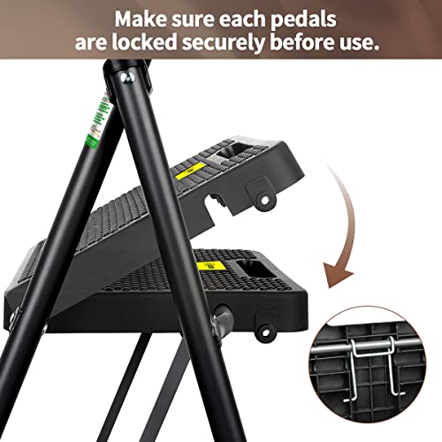 3 Step Ladder Folding Step Stool with Wide Anti-Slip Pedals and Comfort Handgrip for Kitchen Household and Office, Lightweight Capacity 500lbs Sturdy Step Ladder(Black)