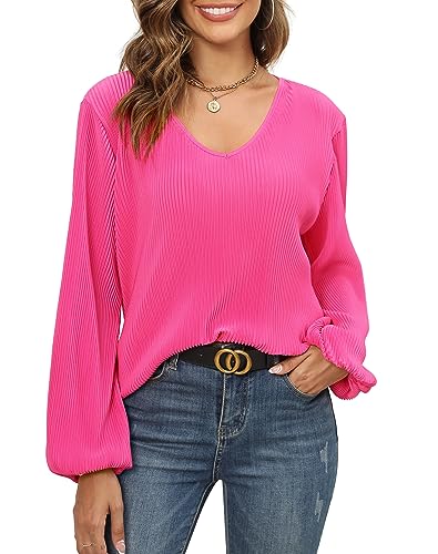 FREEYE Tunic Tops for Women Loose Fit, V Neck Long Sleeve Shirts Hot Pink Blouses for Women Dressy Tops for Women for Evening Party 2023 Dressy Cocktail Tops XL