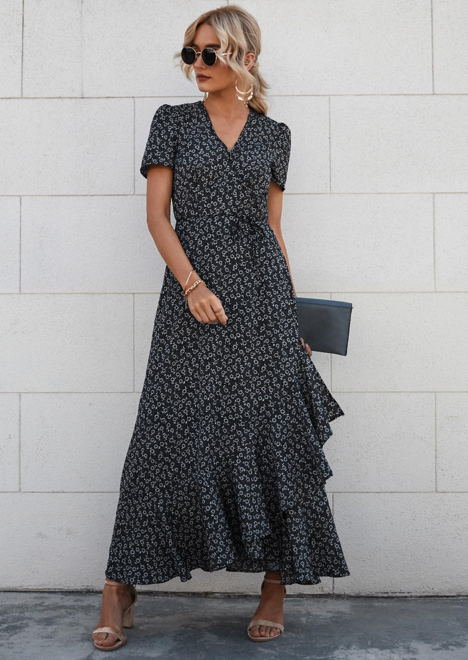 PRETTYGARDEN Women's Summer Wrap Maxi Dress Casual Boho Floral V Neck Short Sleeve Ruffle Hem Split Beach Long Dresses (Black,XX-Large)