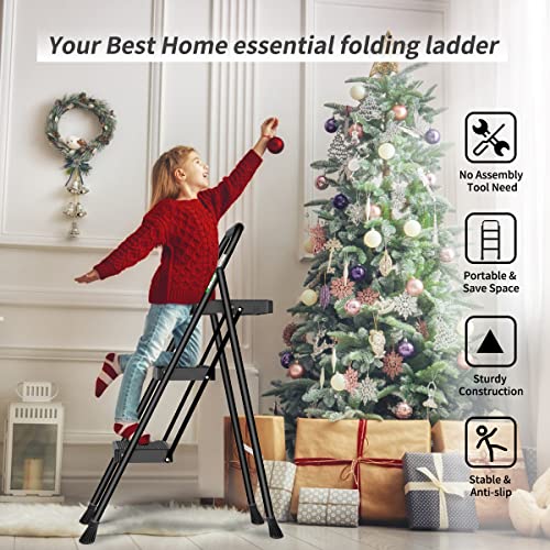 3 Step Ladder Folding Step Stool with Wide Anti-Slip Pedals and Comfort Handgrip for Kitchen Household and Office, Lightweight Capacity 500lbs Sturdy Step Ladder(Black)