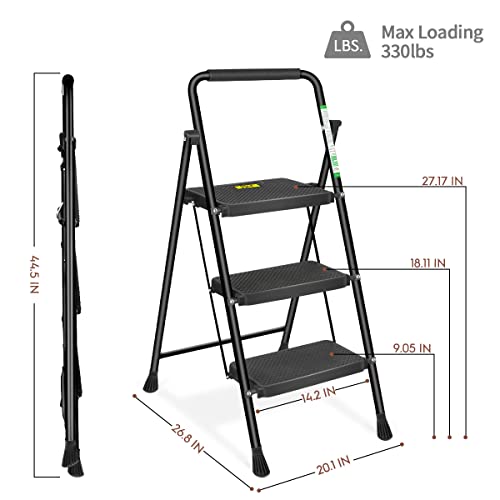 3 Step Ladder Folding Step Stool with Wide Anti-Slip Pedals and Comfort Handgrip for Kitchen Household and Office, Lightweight Capacity 500lbs Sturdy Step Ladder(Black)