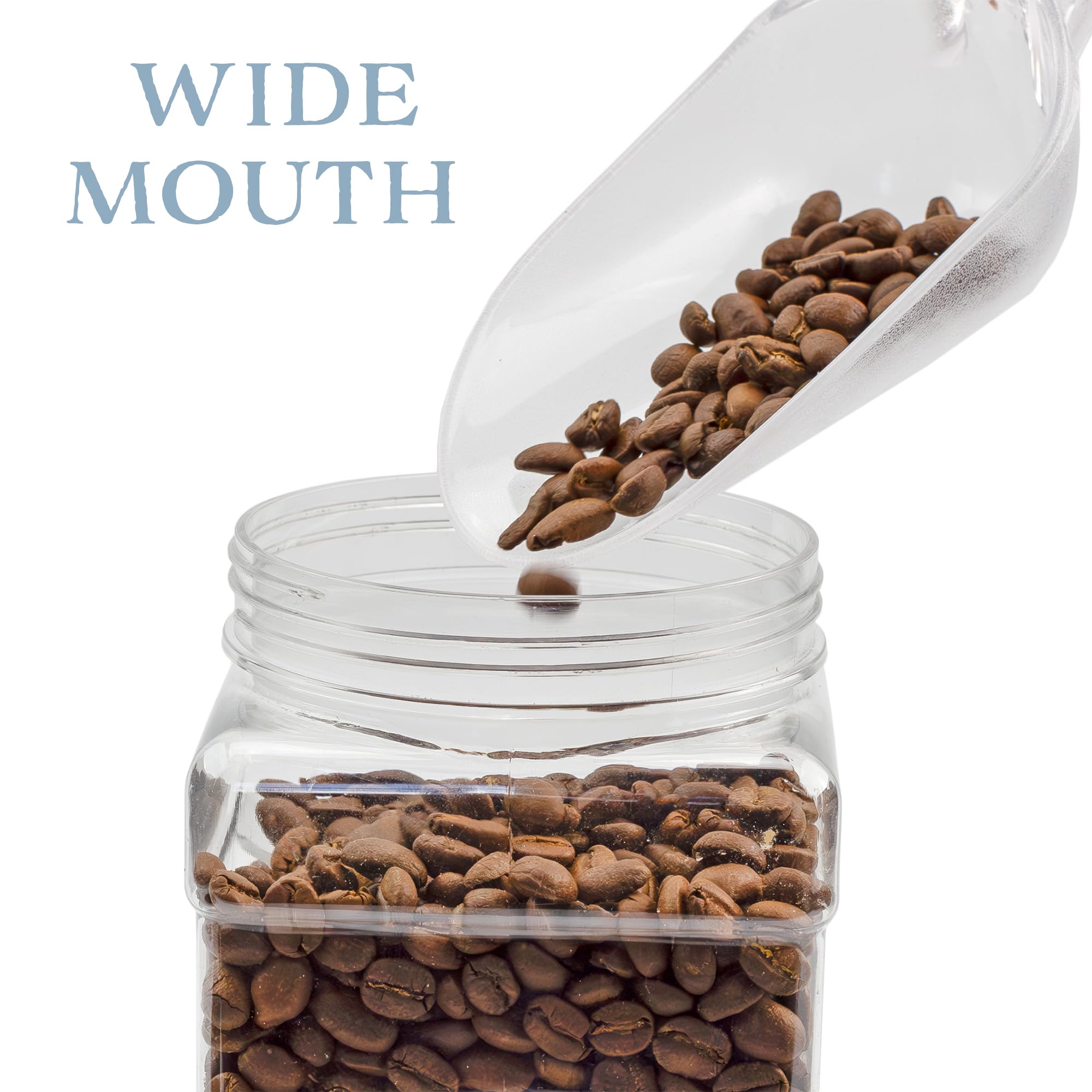 32oz Square Plastic Jars (4-Pack, Quart); Clear Rectangular 4-Cup Canisters w/Black Lids, Easy-Grip Side