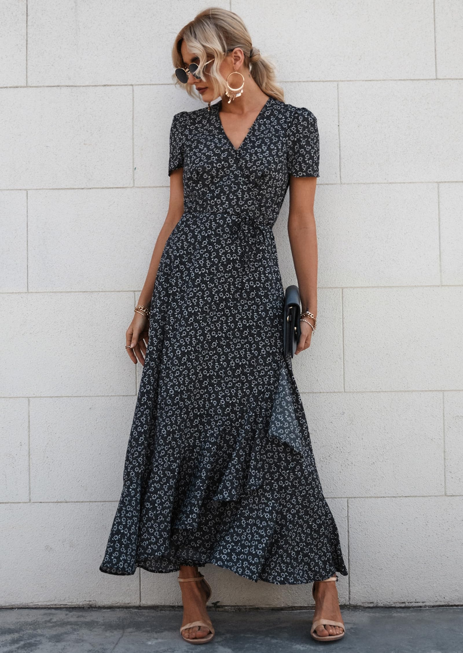 PRETTYGARDEN Women's Summer Wrap Maxi Dress Casual Boho Floral V Neck Short Sleeve Ruffle Hem Split Beach Long Dresses (Black,XX-Large)