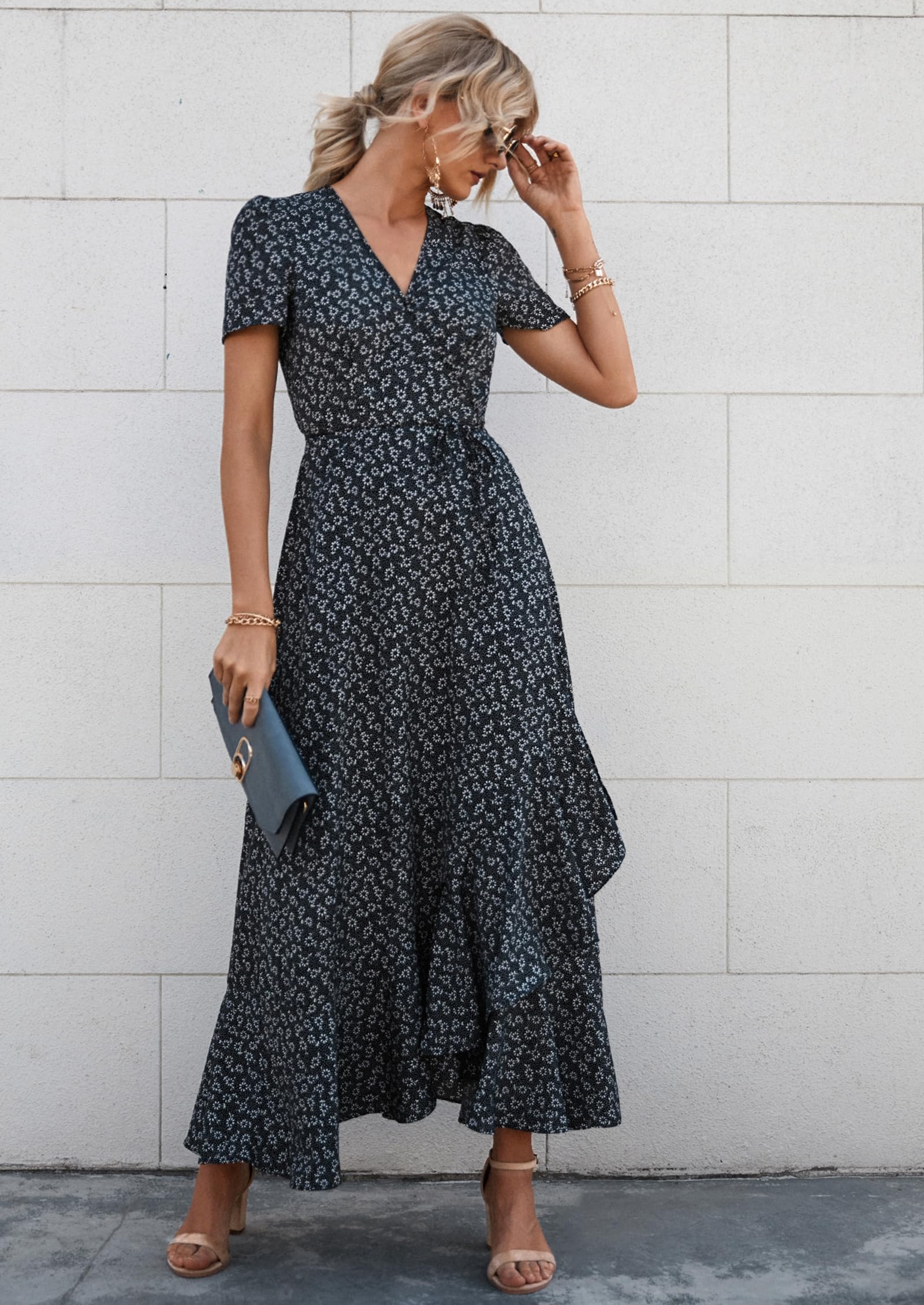 PRETTYGARDEN Women's Summer Wrap Maxi Dress Casual Boho Floral V Neck Short Sleeve Ruffle Hem Split Beach Long Dresses (Black,XX-Large)