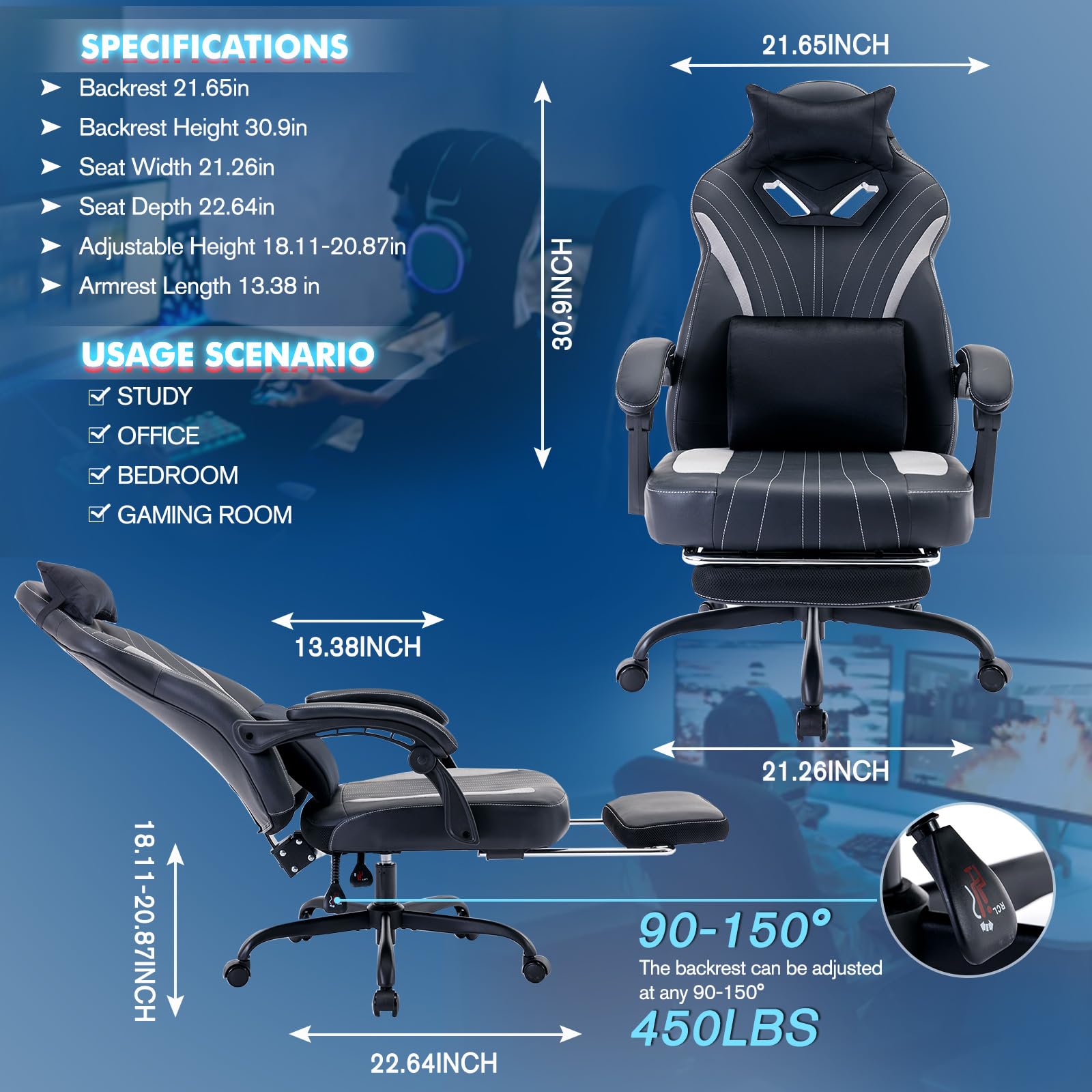Computer Gaming Chair with Footrest,Big and Tall Gaming Chair for Heavy People,Comfortable Gaming Chair with Lumbar Support and Headrest for Adults 450lbs