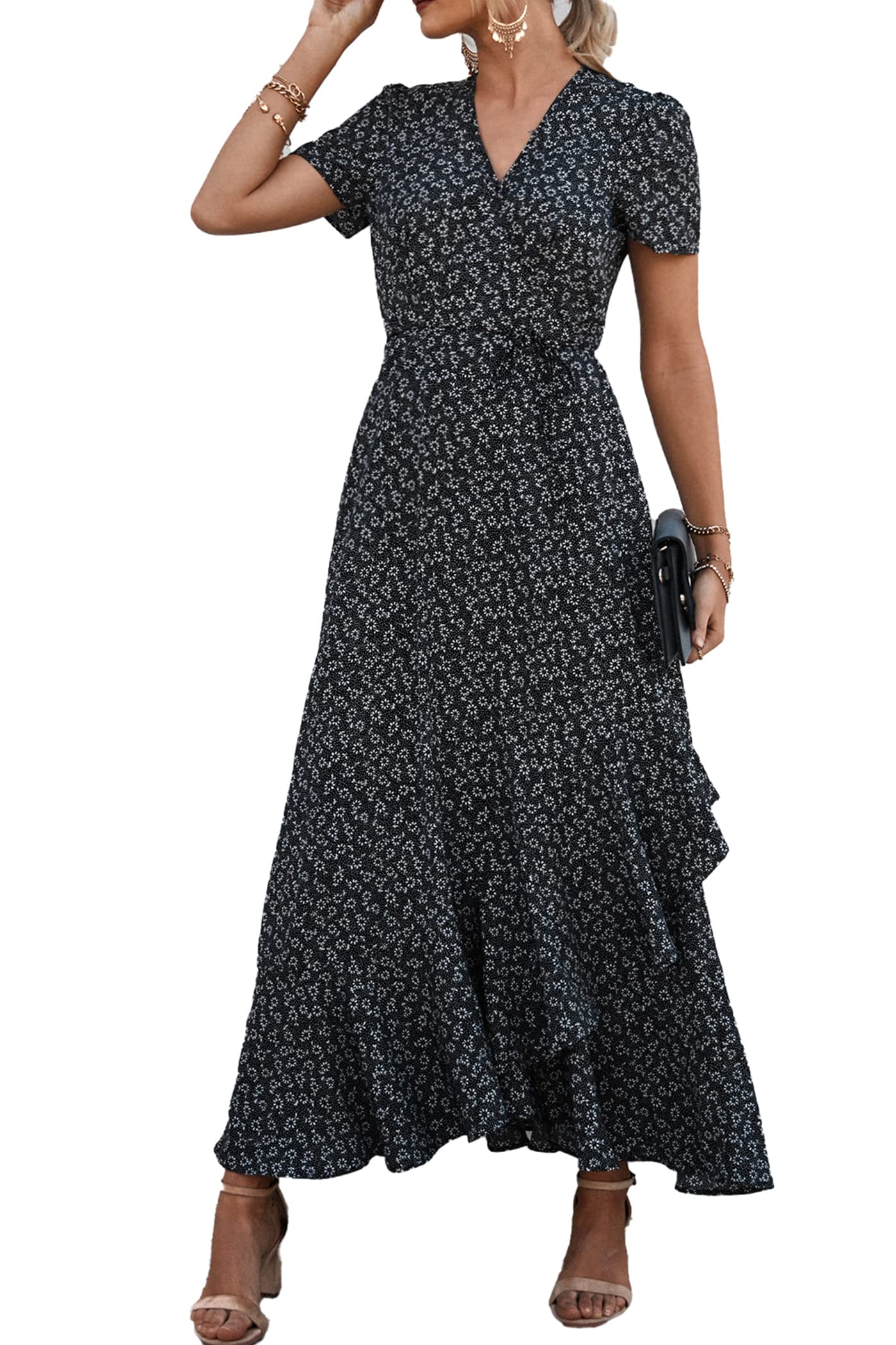 PRETTYGARDEN Women's Summer Wrap Maxi Dress Casual Boho Floral V Neck Short Sleeve Ruffle Hem Split Beach Long Dresses (Black,XX-Large)