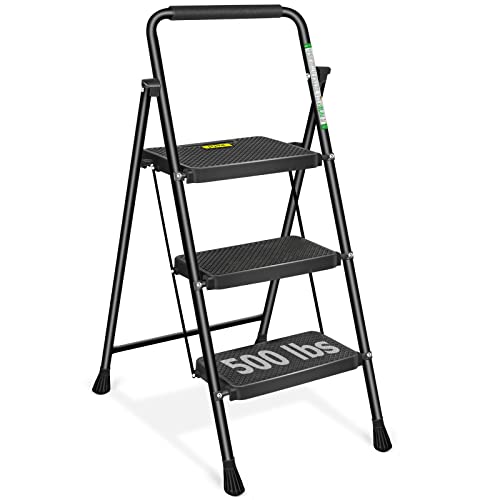 3 Step Ladder Folding Step Stool with Wide Anti-Slip Pedals and Comfort Handgrip for Kitchen Household and Office, Lightweight Capacity 500lbs Sturdy Step Ladder(Black)