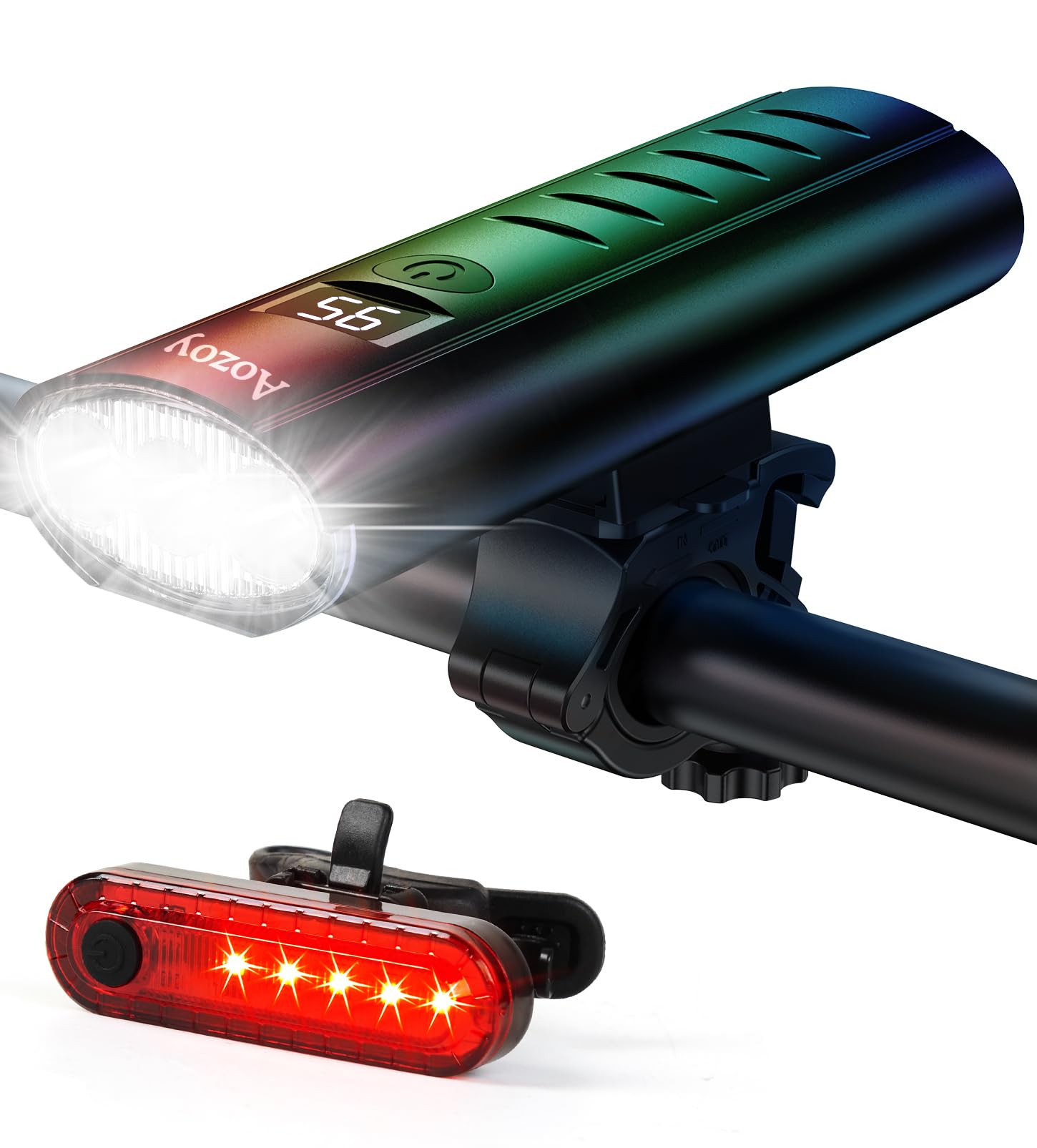 Bike Light Set USB Rechargeable - 5400mAh Bike Headlight & Taillight with Digital Display, 3 LED Super Bright 1600 Lumen 6 Lights Modes for All Bicycles, Road, Mountain, Night Riding