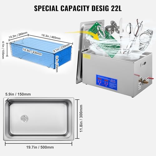 VEVOR 22L Industrial Sonic Cleaner with Digital Timer&Heater 40kHz Professional Sonic Cleaner 110V with Excellent Cleaning Effect for Wrench Tools Industrial Parts Mental Apparatus