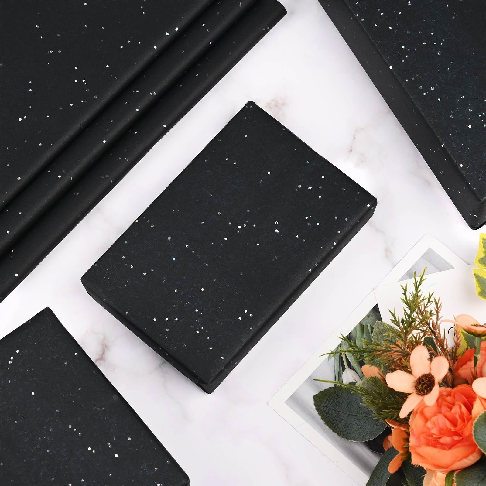 Bolsome 120 Sheets 20 * 14 Inches Black Glitter Tissue Paper for Gift Wrapping, Sparkle Tissue Paper for Gift Bags for Birthday Wedding Christmas DIY Crafts