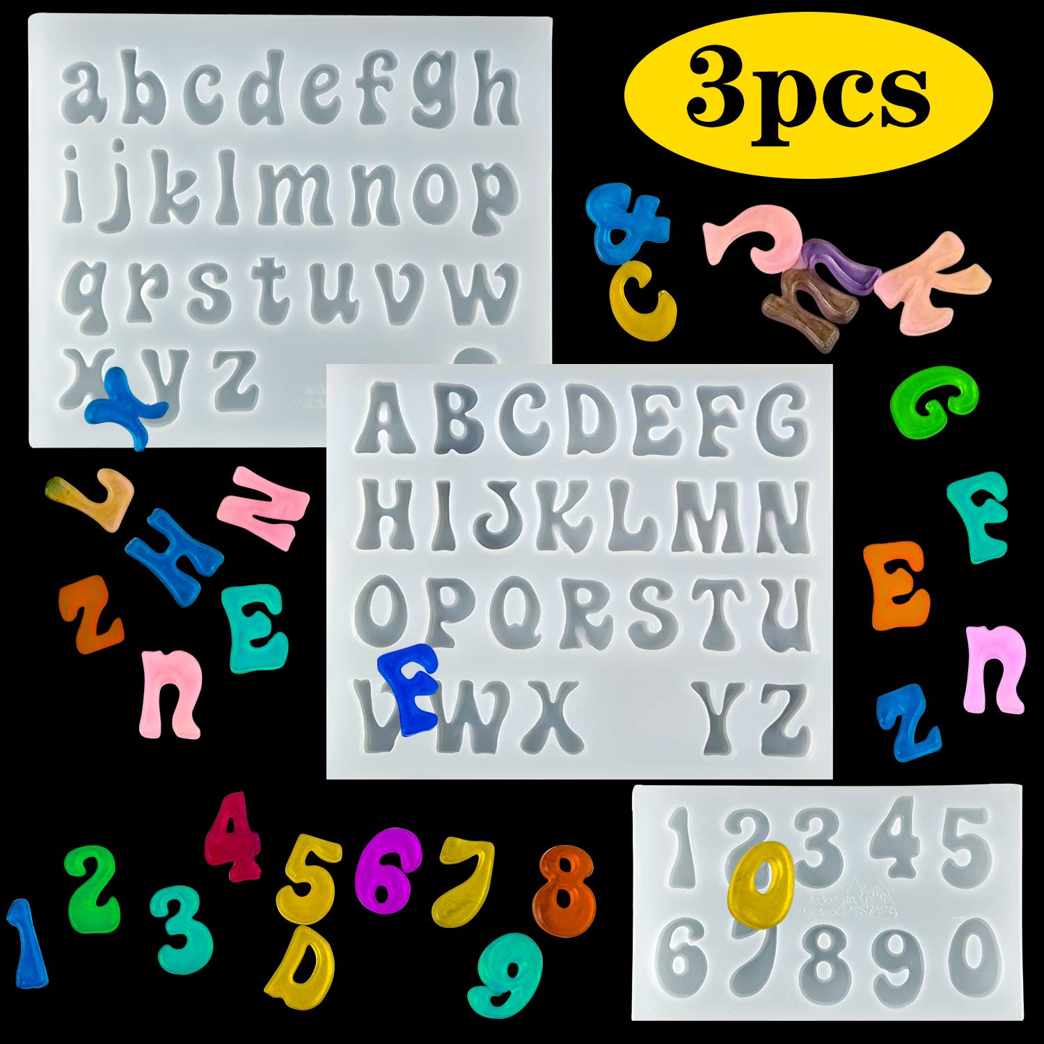 Palksky 3Pcs Mini Letter Resin Molds - Small Silicone Number Alphabet Epoxy Casting Mold for DIY Keychain Pendant Earring Jewelry, Gummy Candy Chololate Cake Decoration
