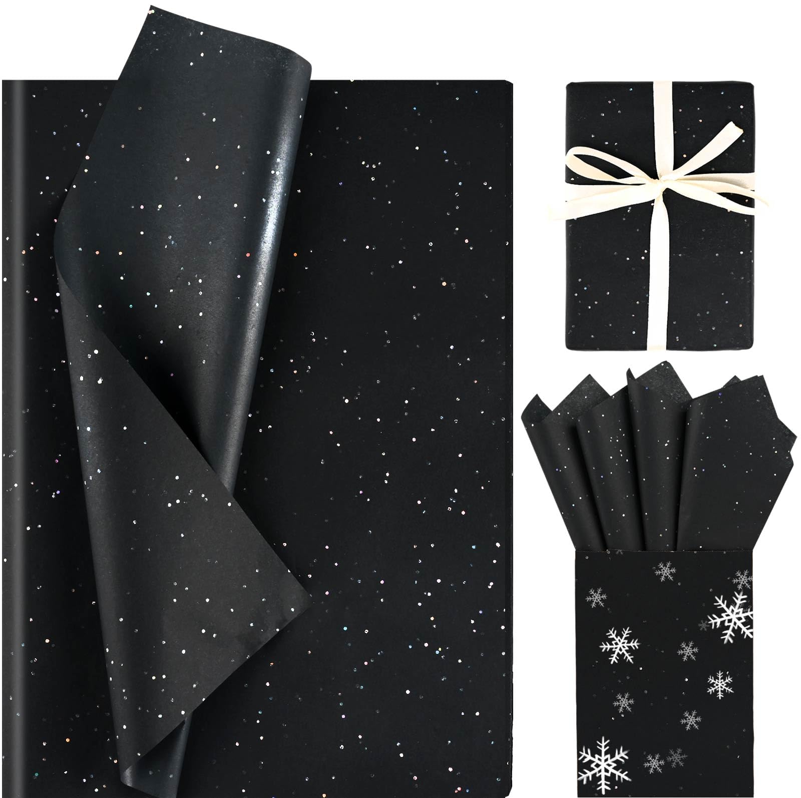 Bolsome 120 Sheets 20 * 14 Inches Black Glitter Tissue Paper for Gift Wrapping, Sparkle Tissue Paper for Gift Bags for Birthday Wedding Christmas DIY Crafts
