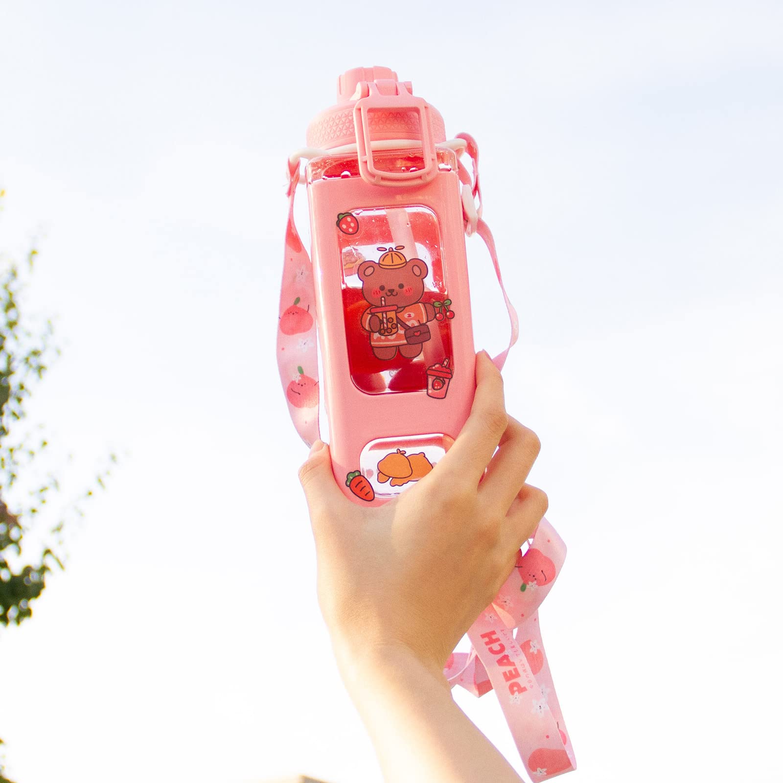 Kawaii Water Bottle for Girls Cute Kids Water Bottles with Straw Square Drinking Bottle, Portable Leakproof Water Jug for School, 24 oz (Pink-700ml)