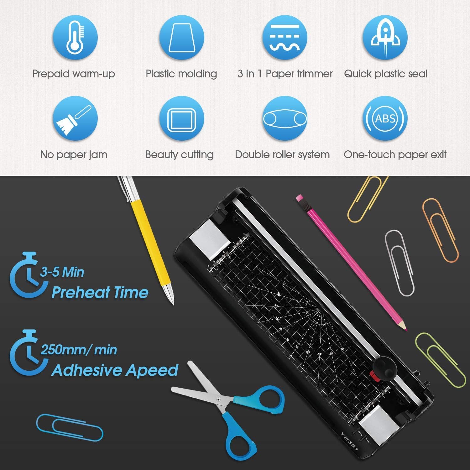 Laminator Machine for A3/A4/A6, YE381 Thermal Laminating Machine for Home Office School Use with 50 Pouches, Paper Trimmer and Corner Rounder (Black-5) (Black-6)