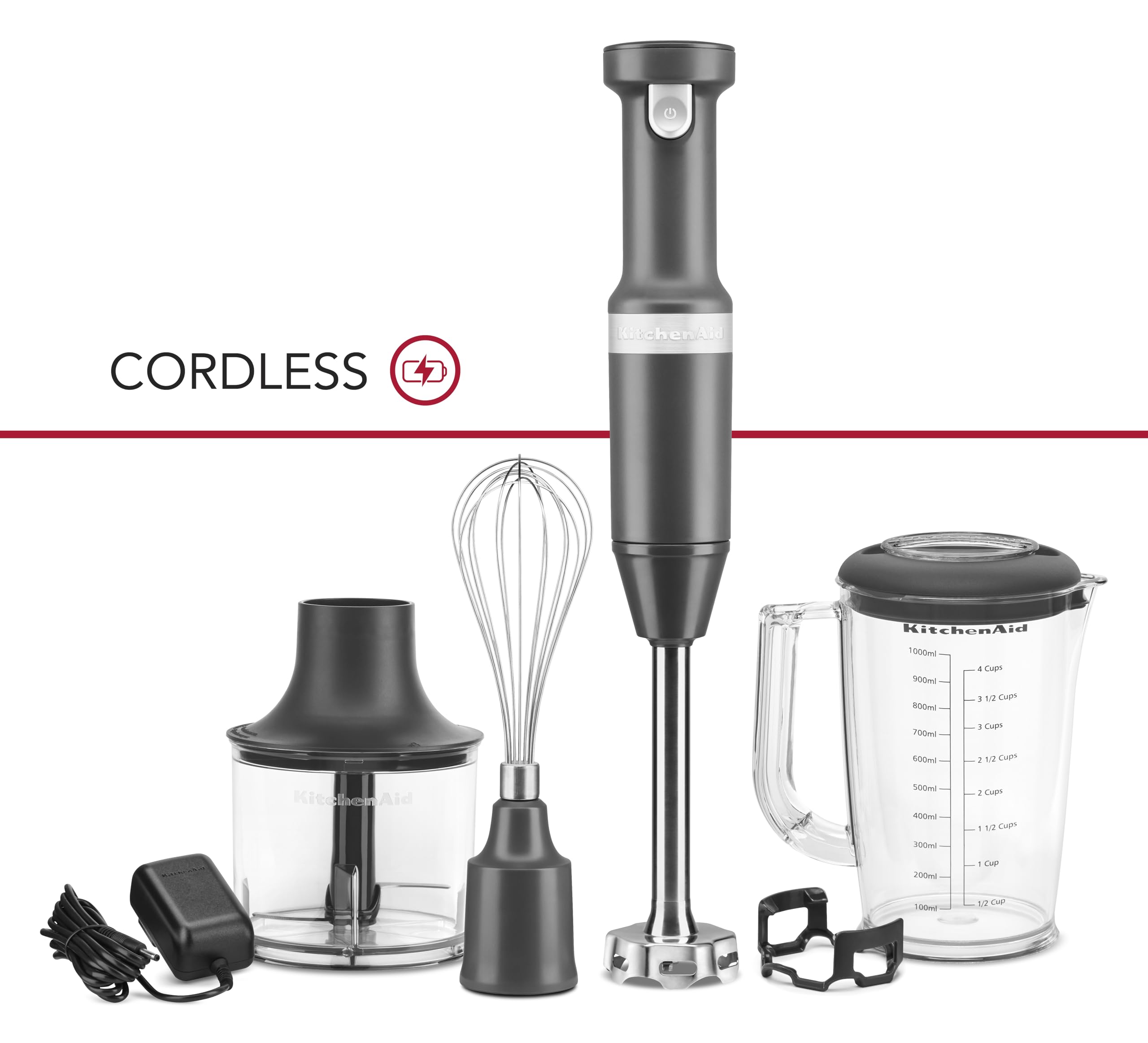 KitchenAid Cordless Variable Speed Hand Blender with Chopper and Whisk Attachment - KHBBV83, Matte Charcoal Grey