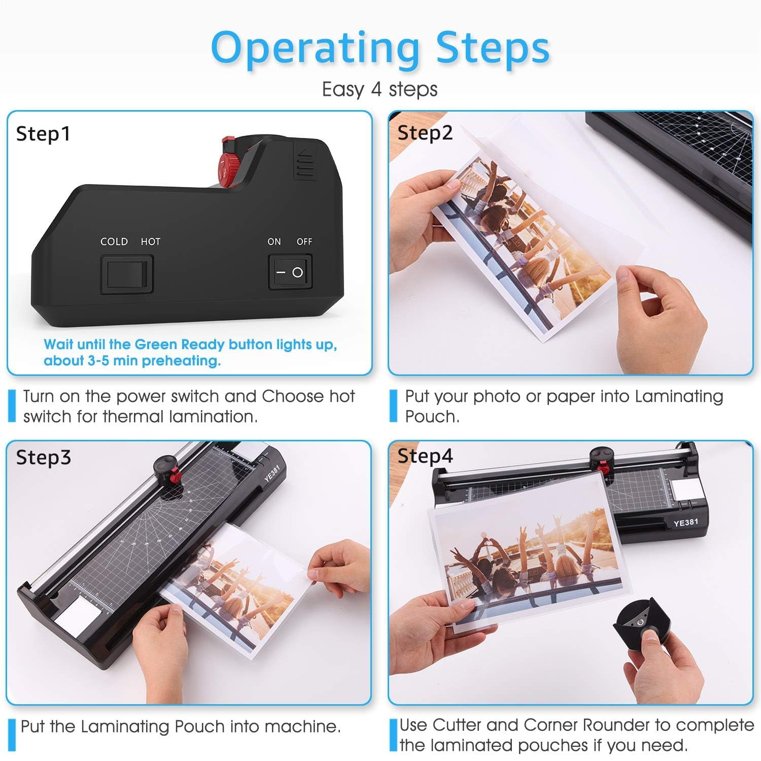 Laminator Machine for A3/A4/A6, YE381 Thermal Laminating Machine for Home Office School Use with 50 Pouches, Paper Trimmer and Corner Rounder (Black-5) (Black-6)
