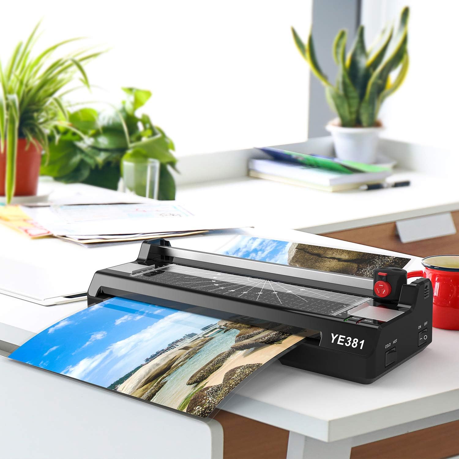 Laminator Machine for A3/A4/A6, YE381 Thermal Laminating Machine for Home Office School Use with 50 Pouches, Paper Trimmer and Corner Rounder (Black-5) (Black-6)