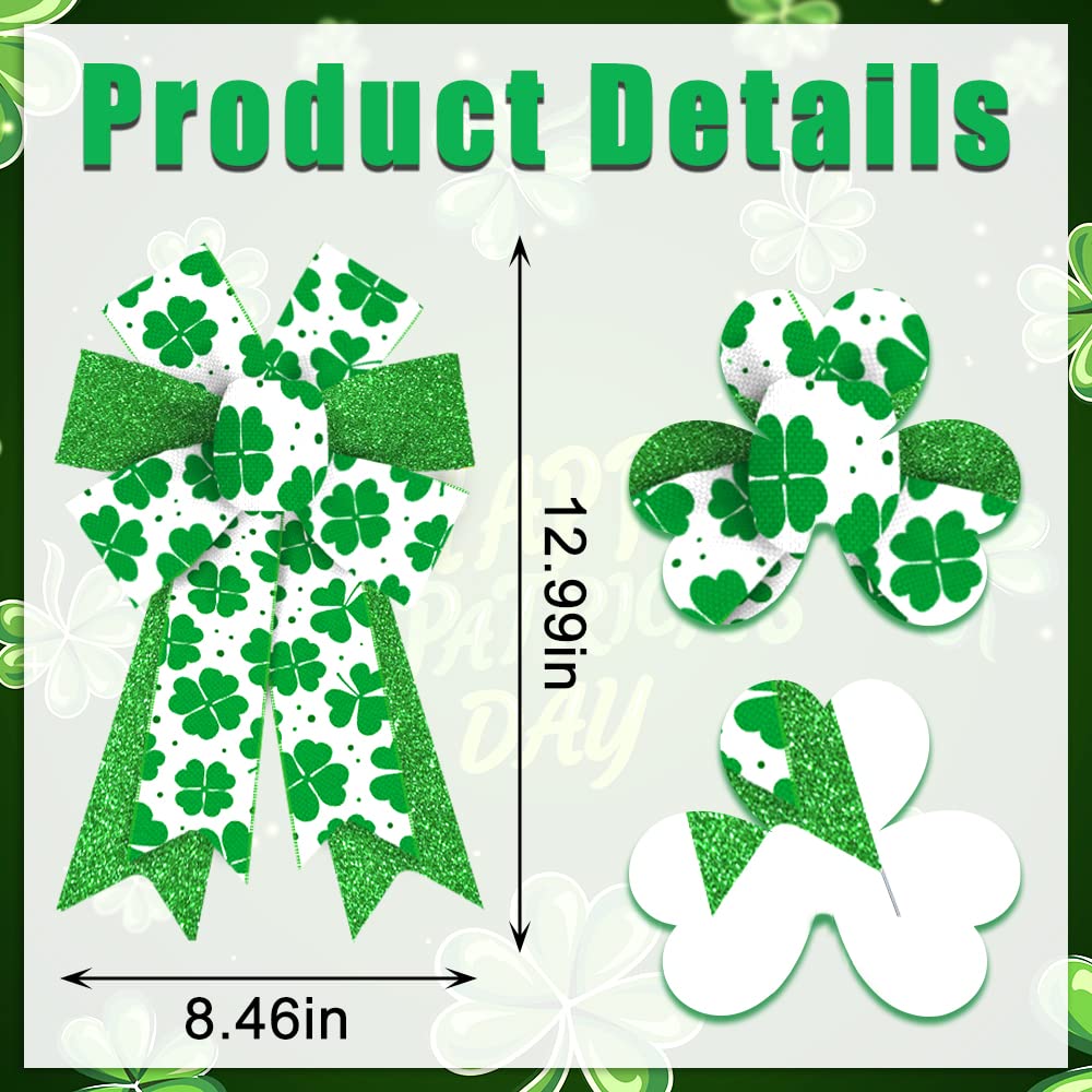 ALIBBON 2Pcs St. Patrick's Day Bows for Wreaths, St Patrick's Wreath Bows, Glitter Green Bows for Crafts, Irish St. Patrick's Day Decor, Green Shamrock Bows for Parades Party Supplies Decorations
