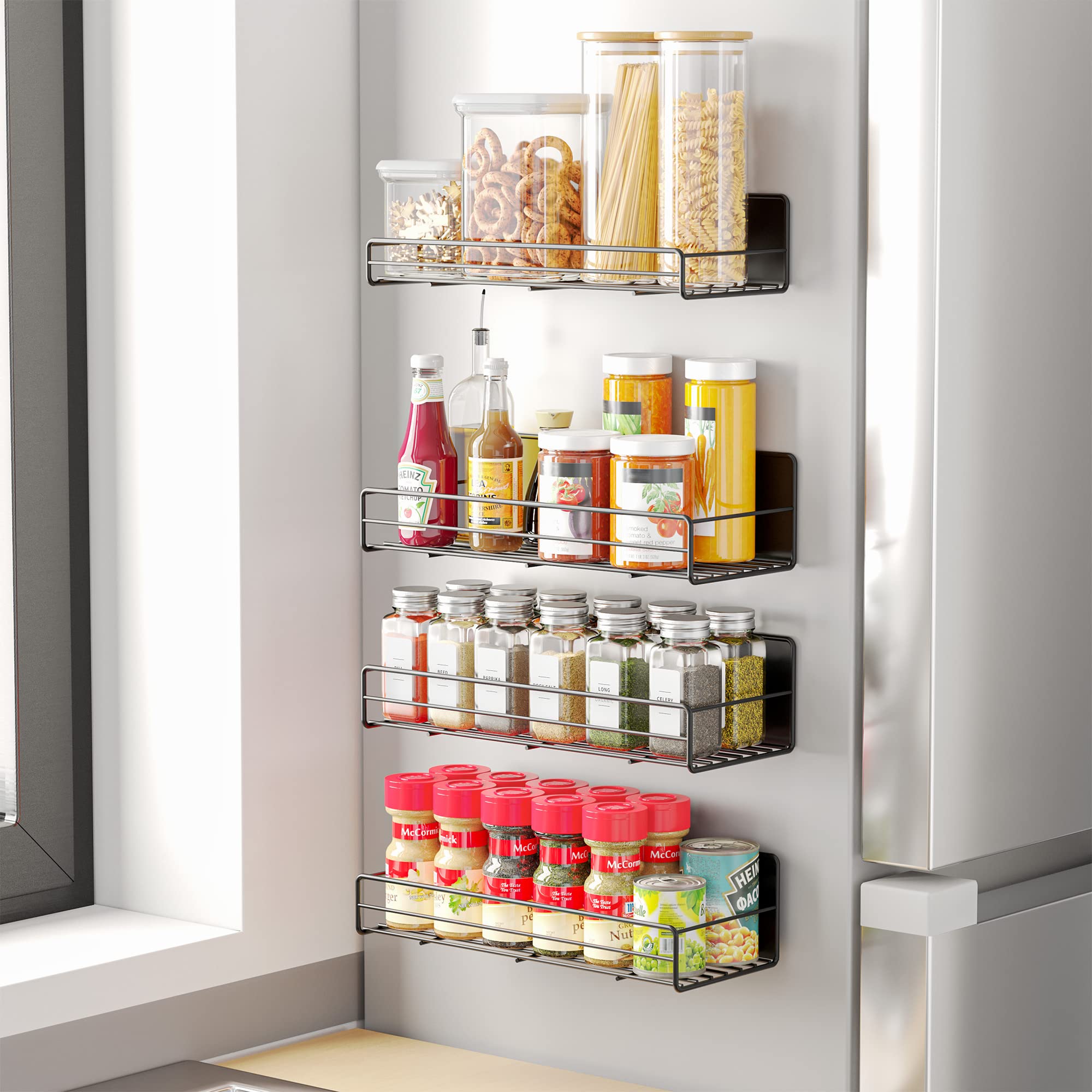 4 Pack Magnetic Spice Rack for Refrigerator, Next to Fridge Spice Organizer Magnetic Shelf for Small Apartment RV Kitchen Whiteboard Classroom Organization and Storage - Black