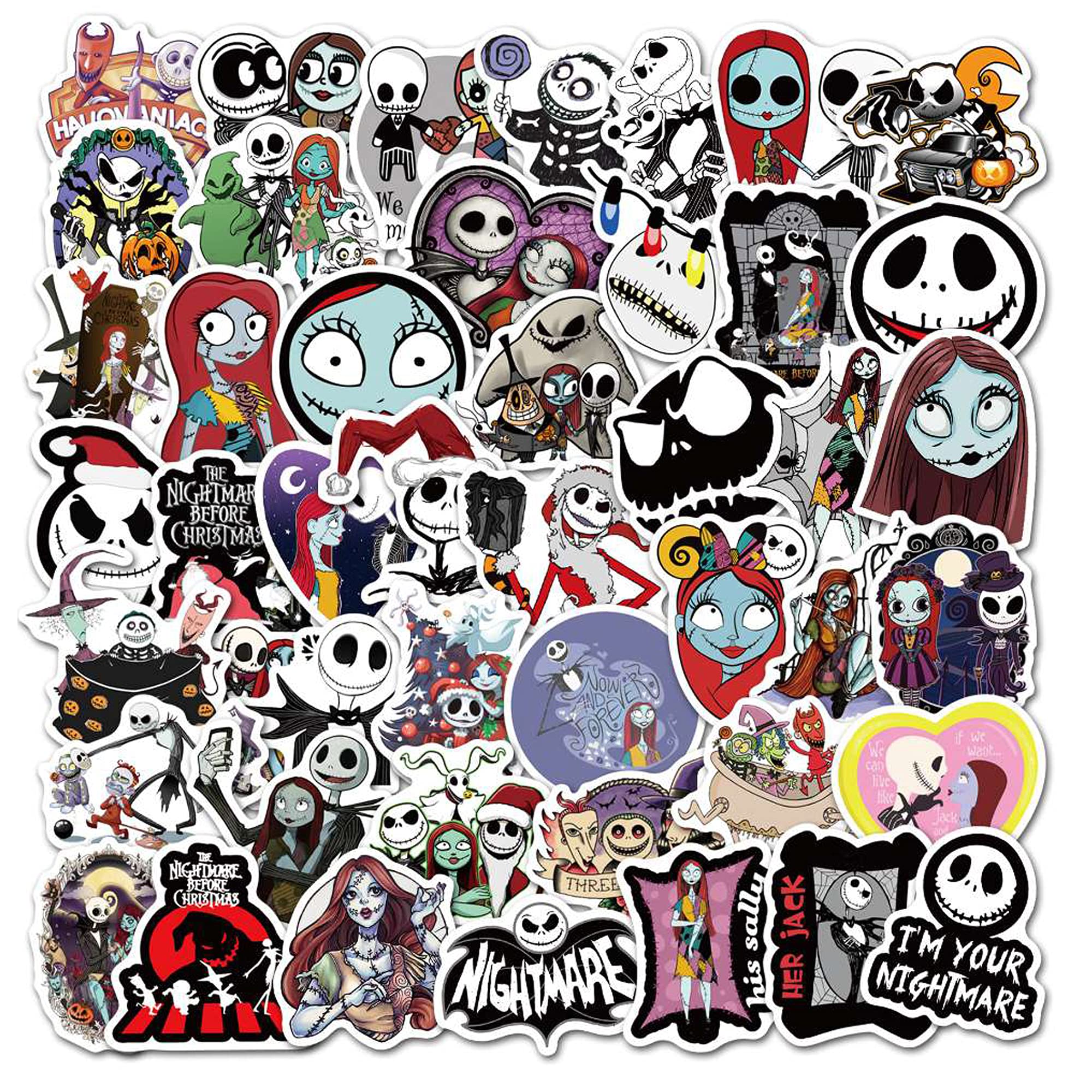 Nightmare Before Christmas Stickers, Halloween Stickers 50 Pack, Cute Vinyl Waterproof Stickers Decals for Laptop, Water Bottles, Guitar, Skateboard Stickers for Teens