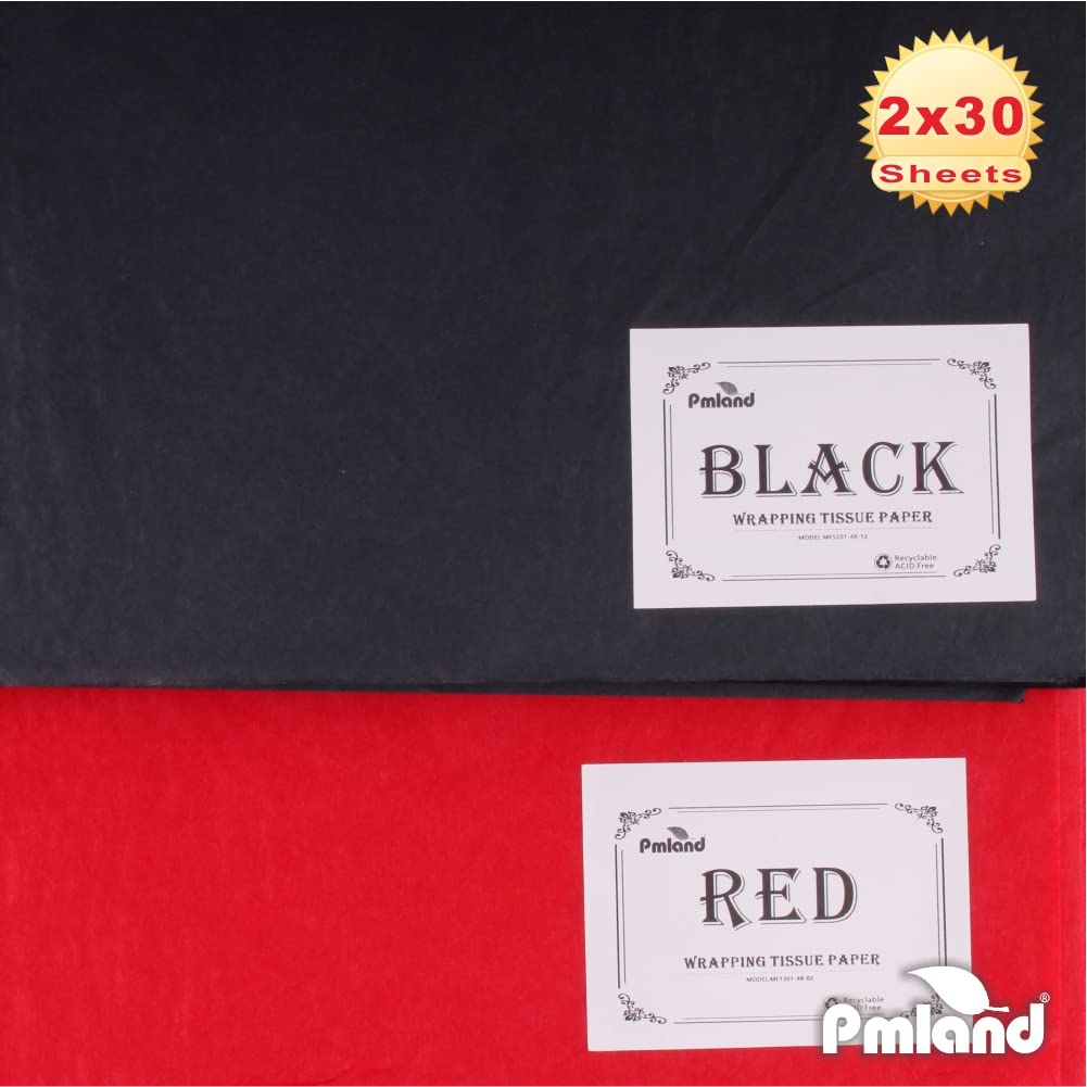 PMLAND Premium Quality Gift Wrapping Paper - Black and Red - 20 Inches x 26 Inches 60 Sheets