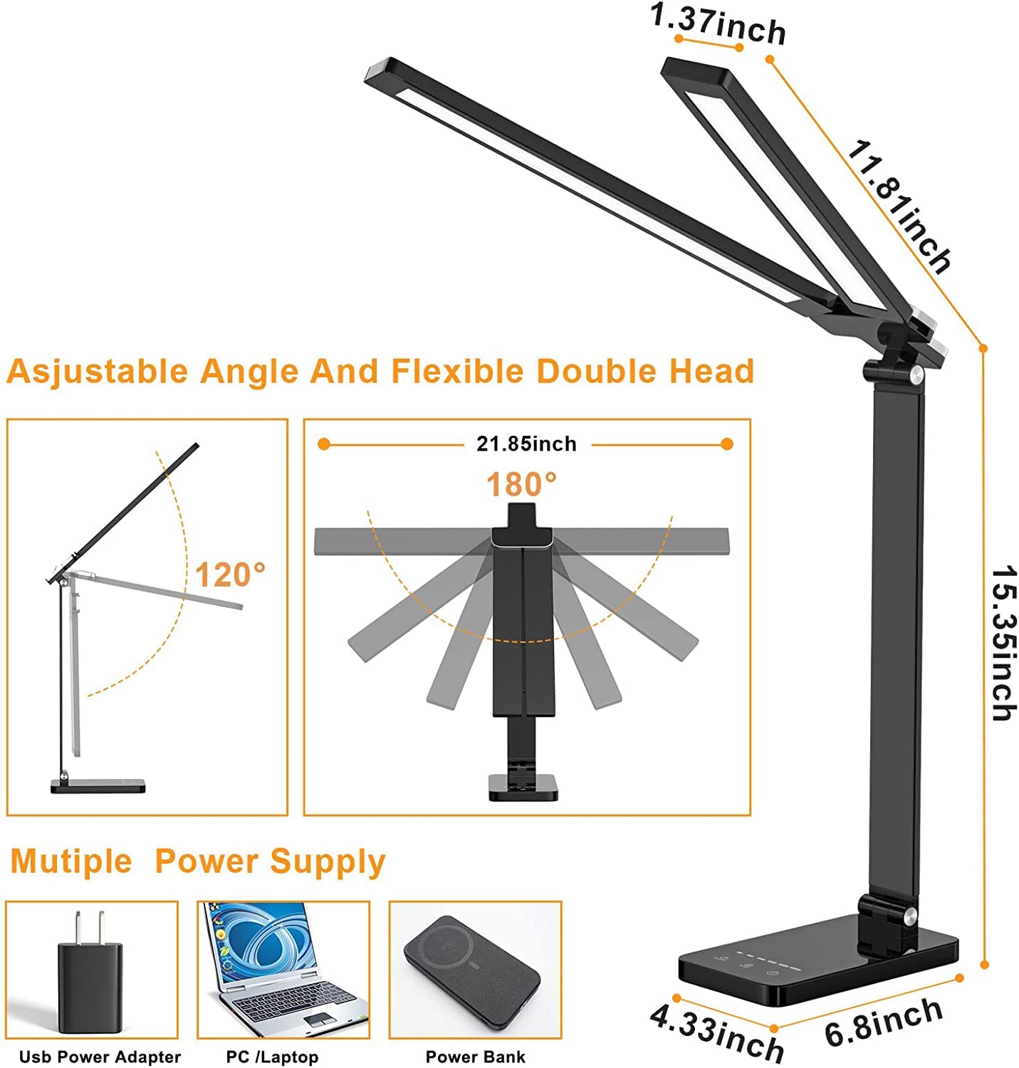 YUNSOVA LED Desk Lamp for Home Office, Double Head Desk Light, 5 Color Modes , 6 Brightness Levels, Touch Control, USB Charging Port, Auto Timer, Eye-Caring dimmable Table Lamp for Reading Study
