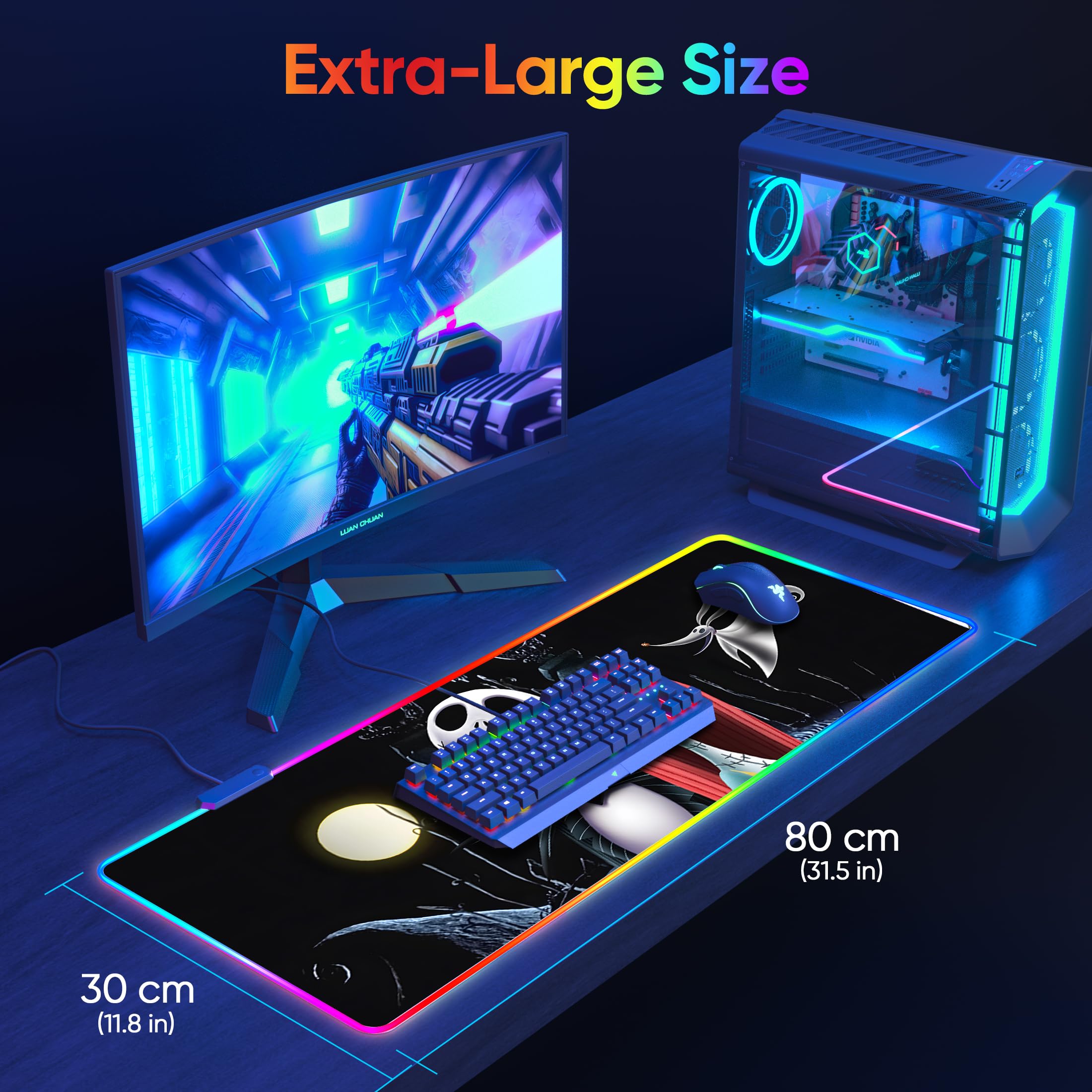 OIDOJHID RGB Skull Mouse Pad,Nightmare Before Christmas Large Gaming Mousepad with 14 Lighting Modes,Non-Slip Computer Keyboard Desk Mat,31.5×11.8 inches (A)