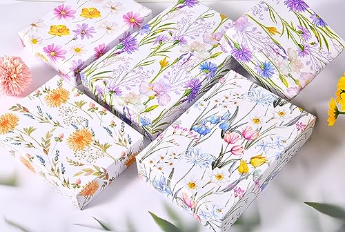 Sikiweiter Floral Wrapping Paper - Floral Gift Wrap for Wedding Mothers Day Birthday, 8 Sheets Wildflower Wrapping Paper, 19.7 x 27.6 Inches Per Sheet
