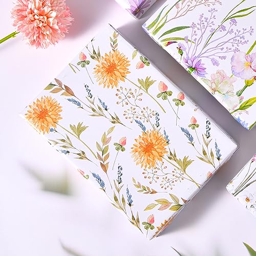 Sikiweiter Floral Wrapping Paper - Floral Gift Wrap for Wedding Mothers Day Birthday, 8 Sheets Wildflower Wrapping Paper, 19.7 x 27.6 Inches Per Sheet
