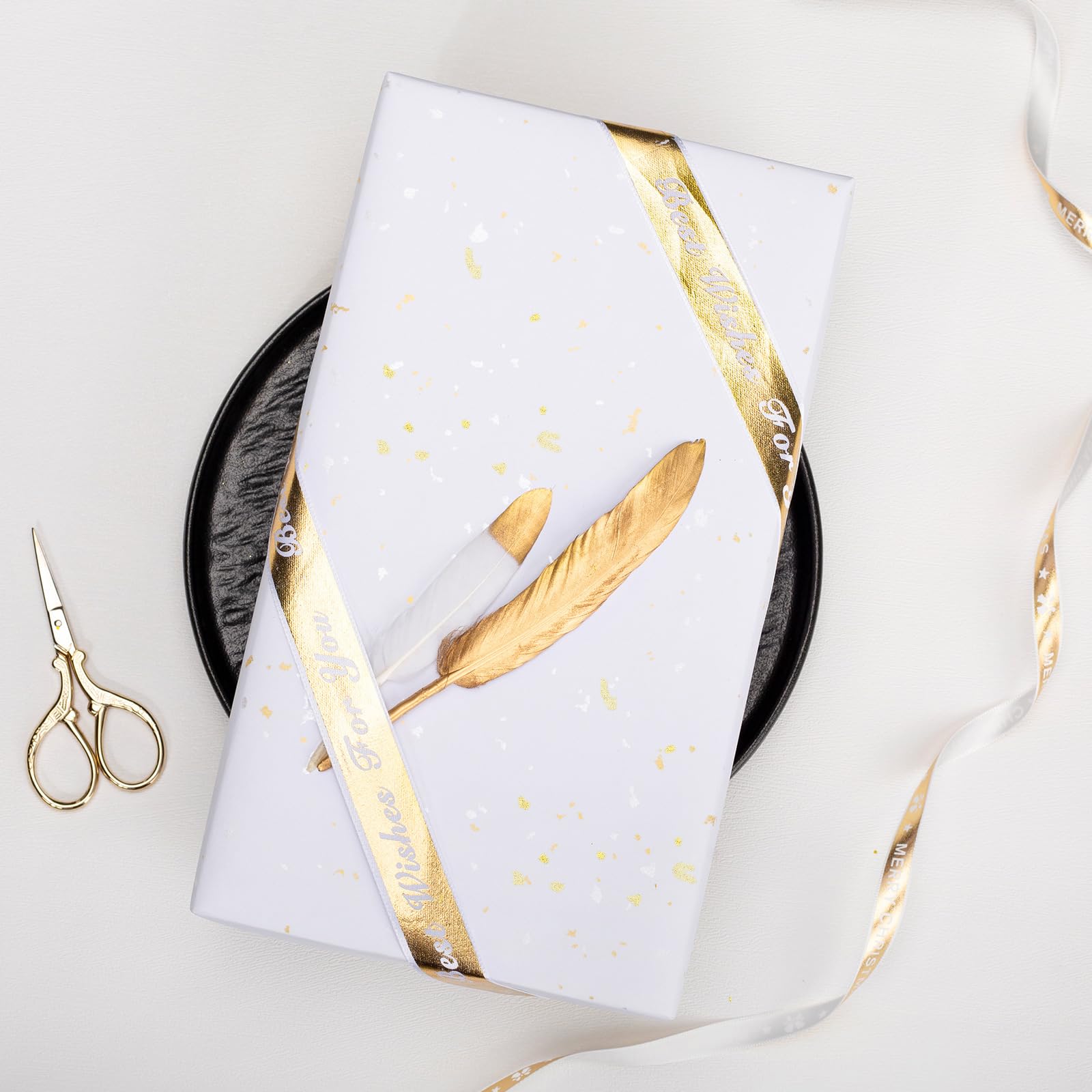 Flyhill Mini Roll Wrapping Paper-17inch*16.5ft（23.4sq.ft.ttl-White Gold Snowflake Foil Design with Smooth for Christmas,Birthday,Holiday,Wedding,Baby Shower
