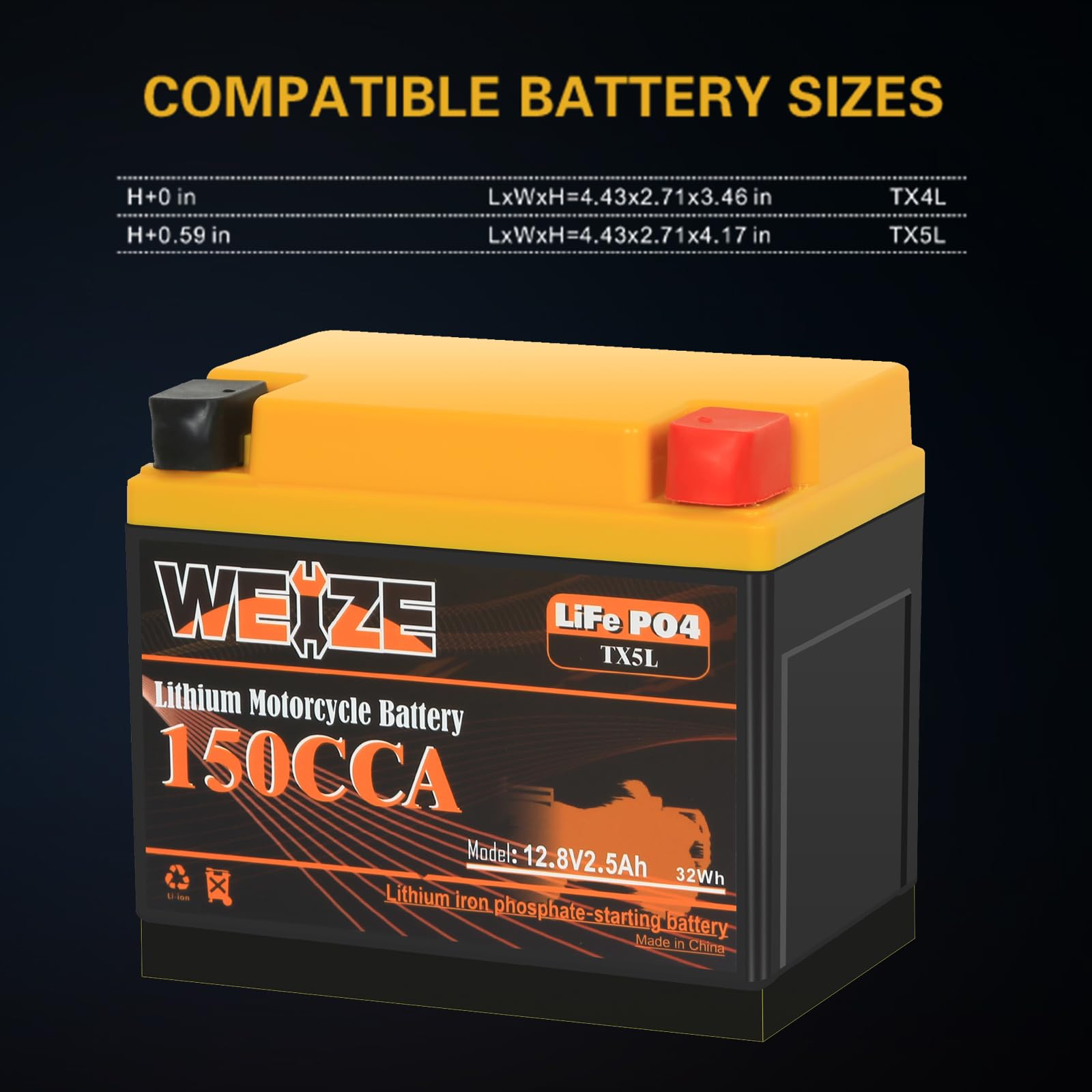 Weize Lithium YTX5L-BS Battery, Group 5, 150CCA Lithium LiFePO4 YTX4L-BS Motorcycle Battery, 12V 2.5Ah ATV, UTV, Jet Ski, 4 Wheeler, Quad, Riding Lawn Mower, Tractor, Scooter and Polaris Battery